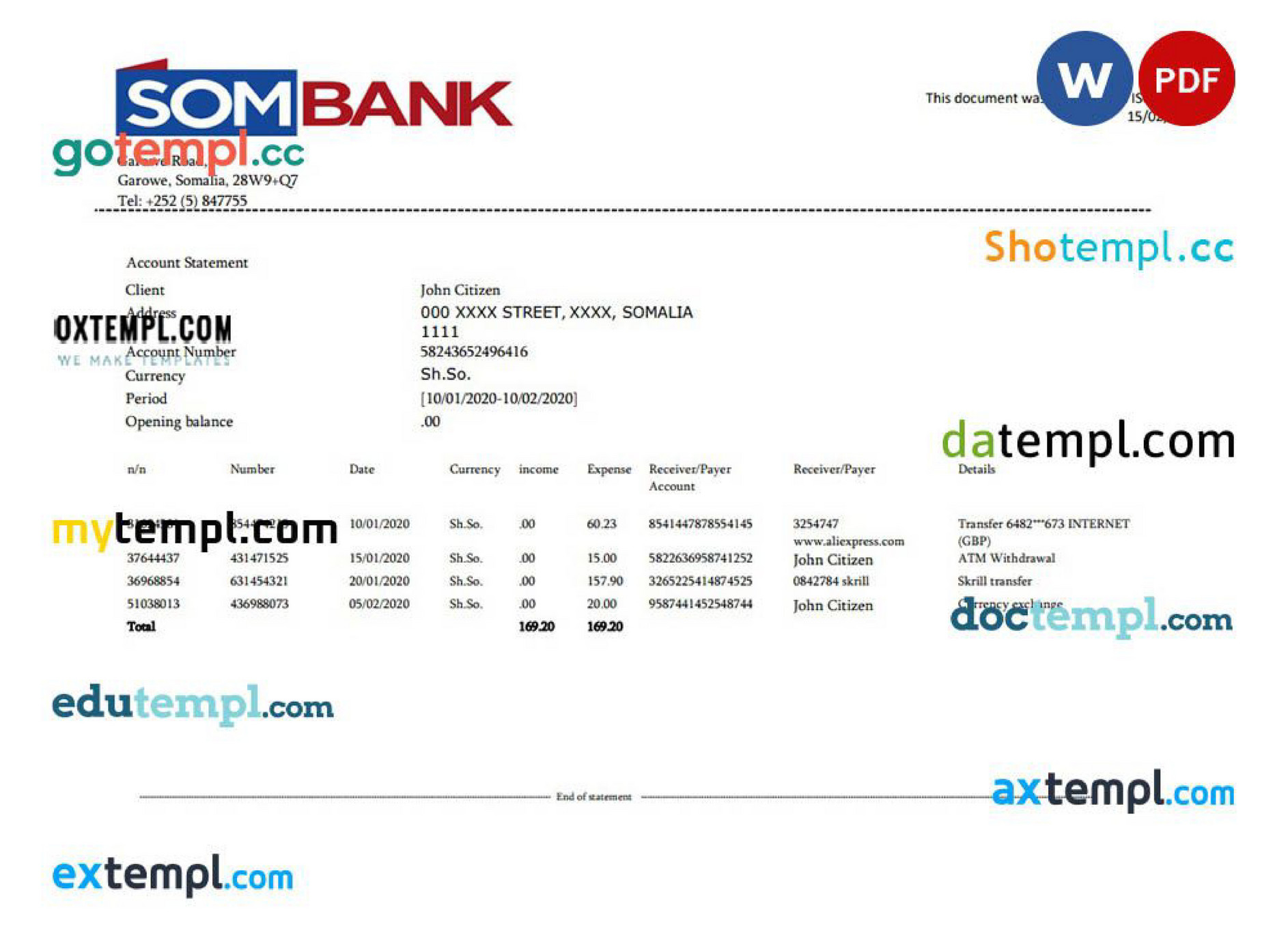 Doctempl - Somalia Sombank bank statement template in Word and PDF format - Page 1
