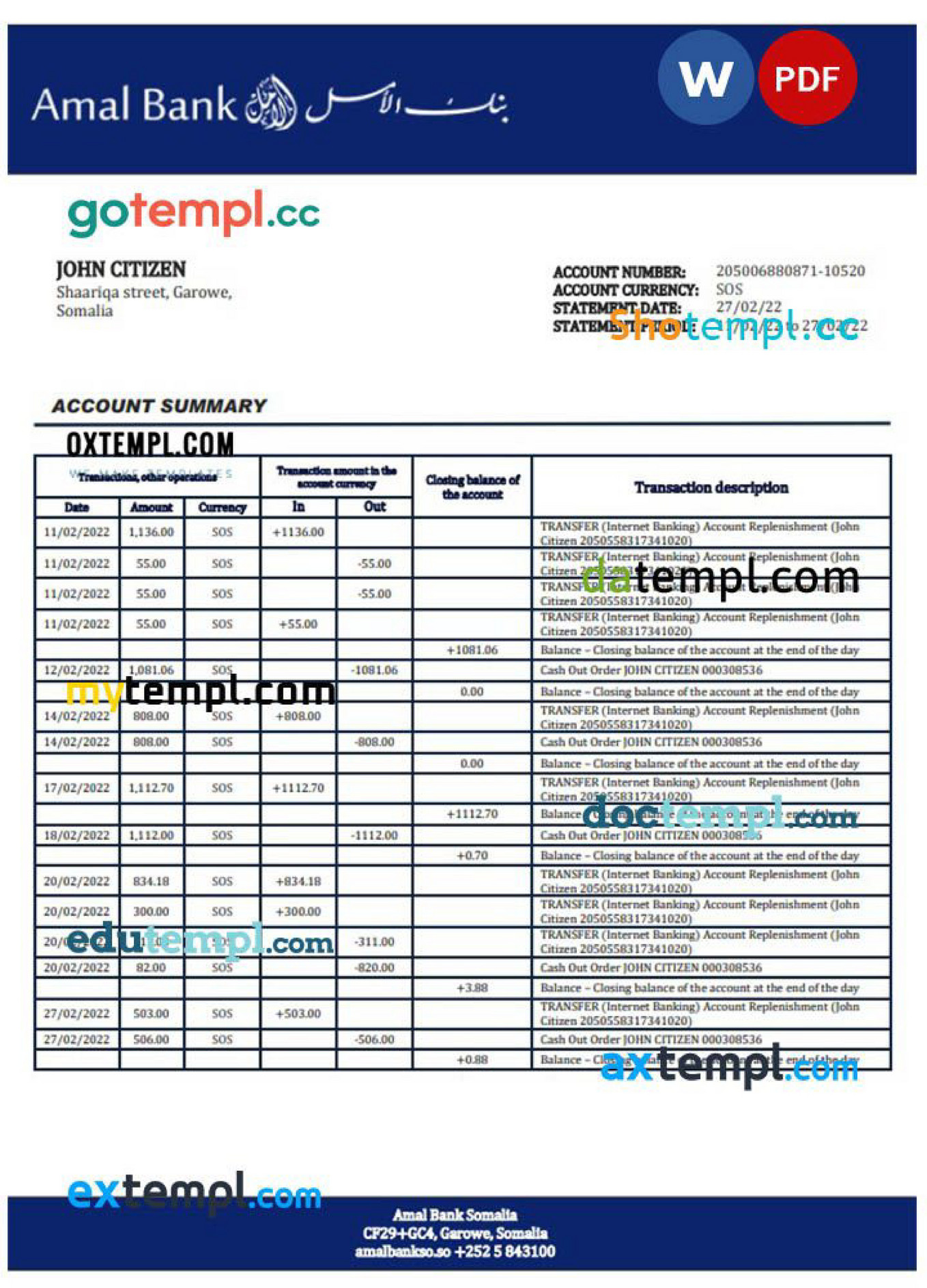 Doctempl - Somalia Amal bank statement template in Word and PDF format ...