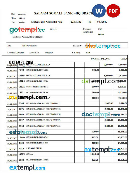 Doctempl - SOMALI SALAAM SOMALI bank statement Word and PDF template - Page 1
