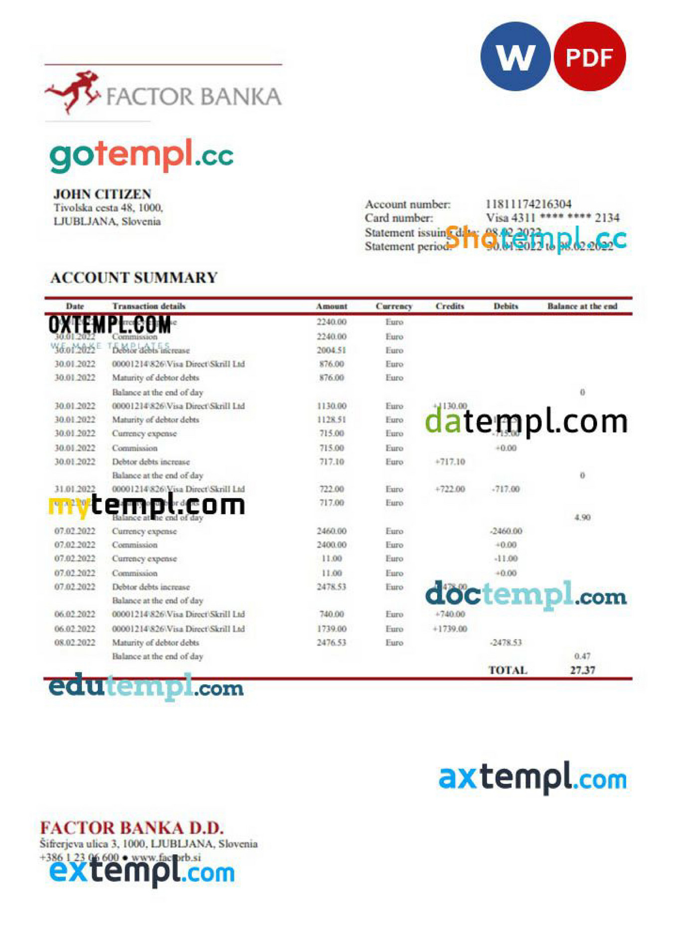 Doctempl - Slovenia Factor Banka bank statement in Word and PDF format - Page 1