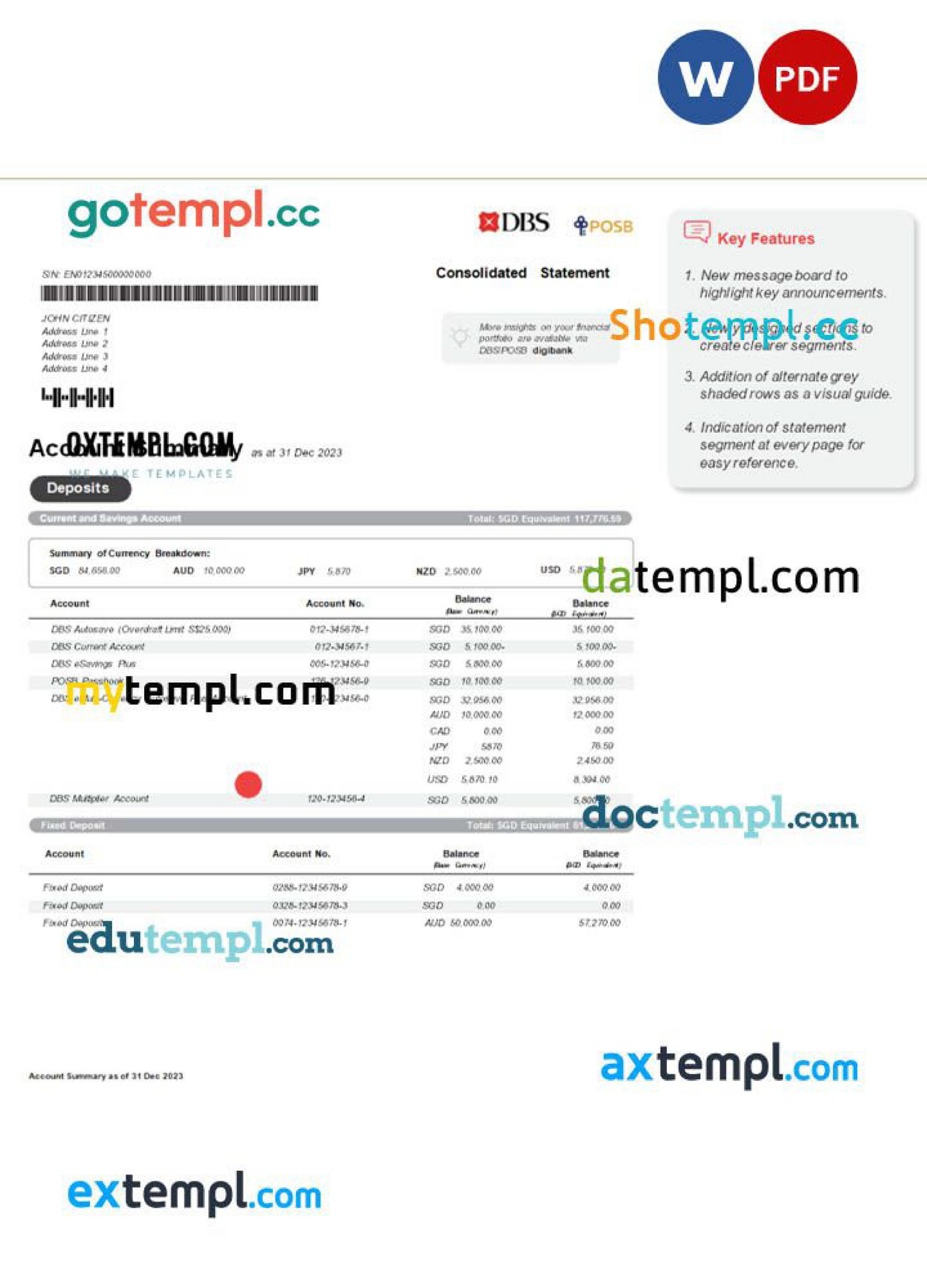 Doctempl - Singapore DBS bank statement Word and PDF template, version 2 - Page 1