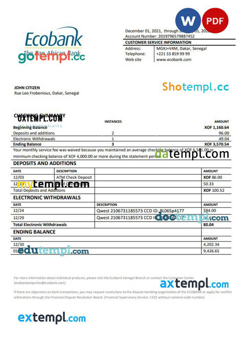 Sample Bank Statement Template