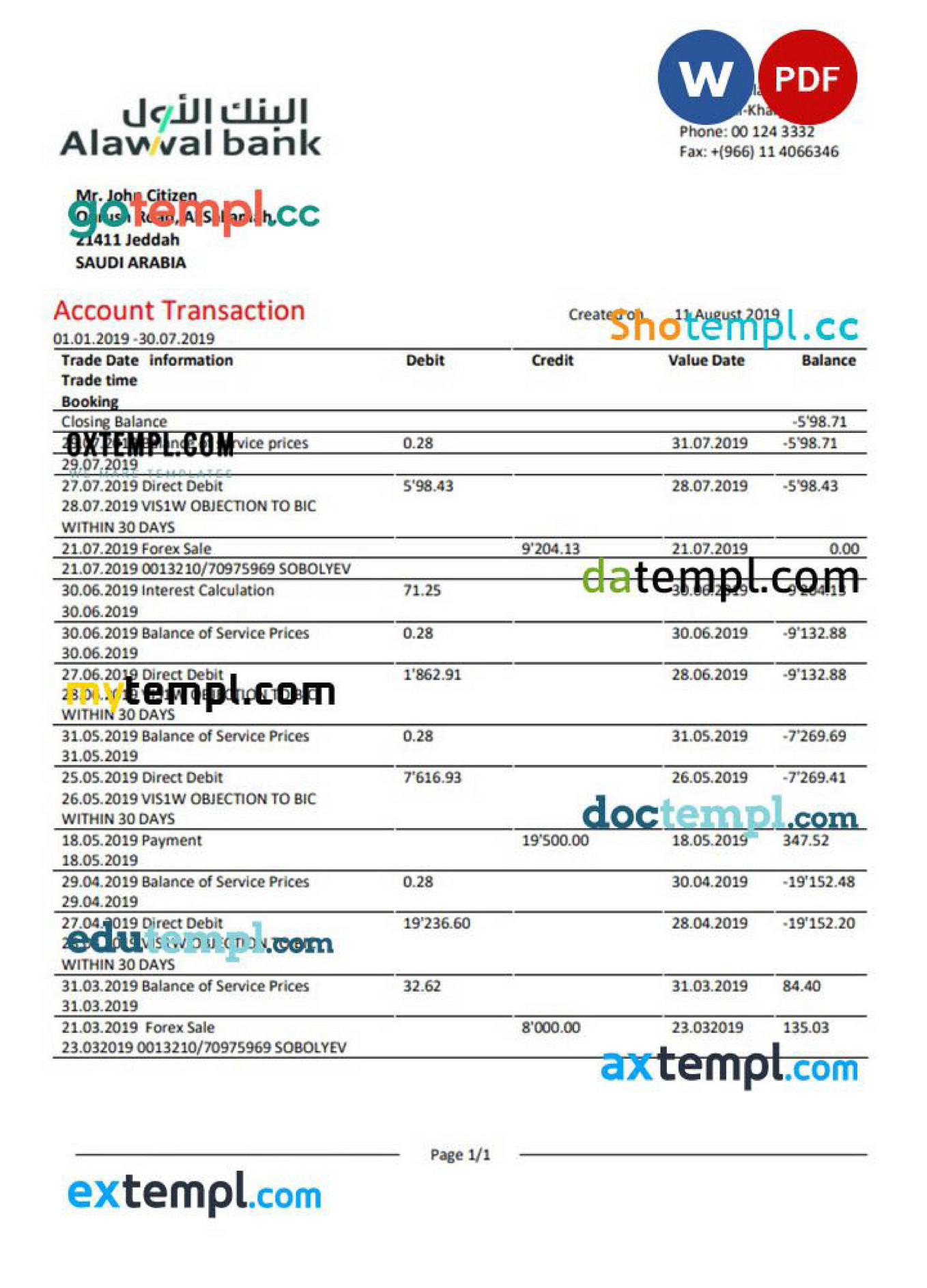 Doctempl - Saudi Arabia Alawwal Bank statement template in Word and PDF format, good for address ...