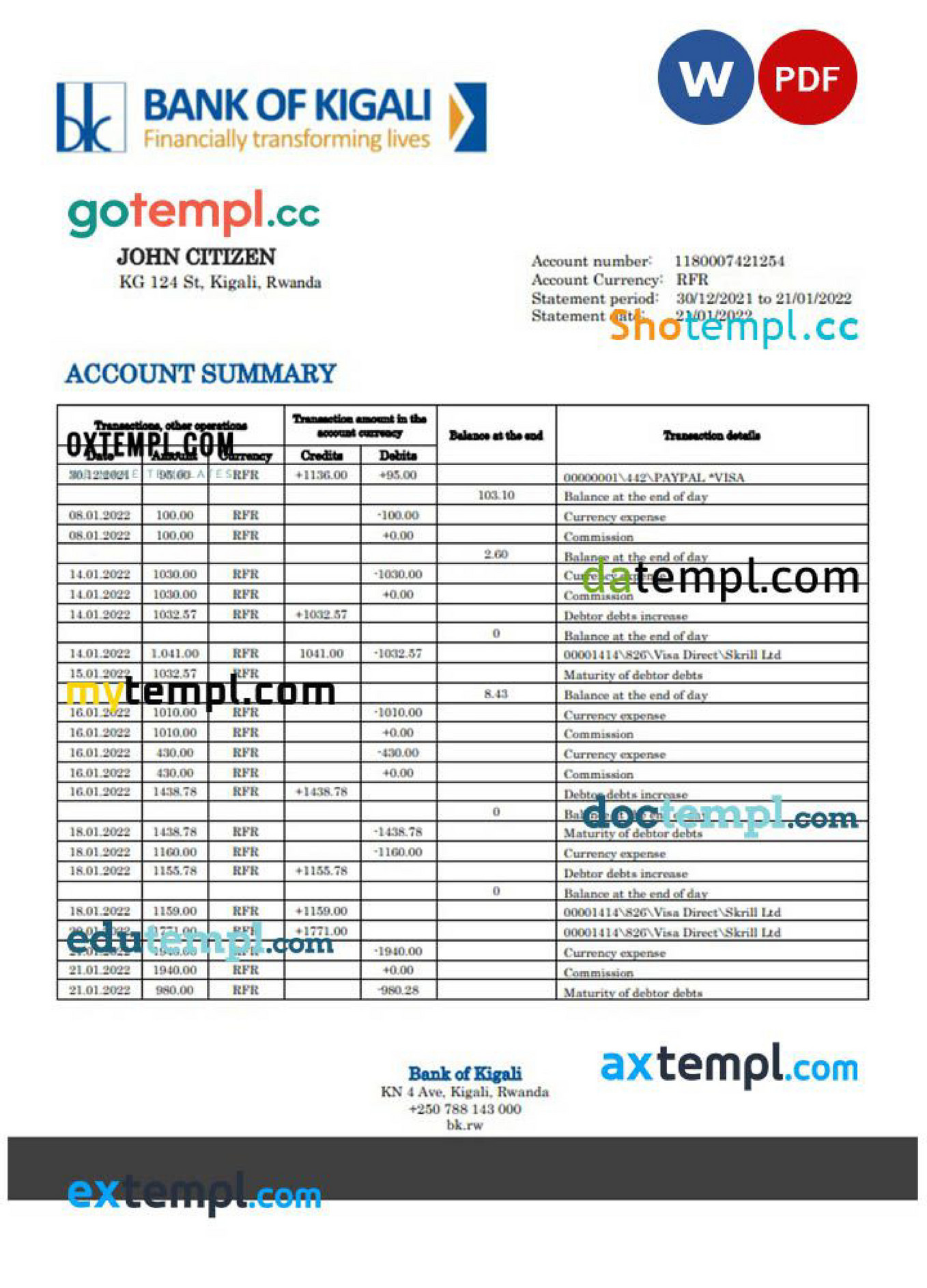 Doctempl - Rwanda Bank of Kigali bank proof of address statement ...