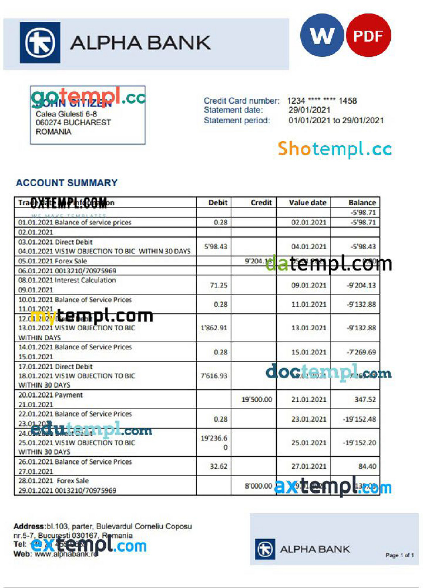Doctempl - Romania Alpha Bank statement template in Word and PDF format - Page 1