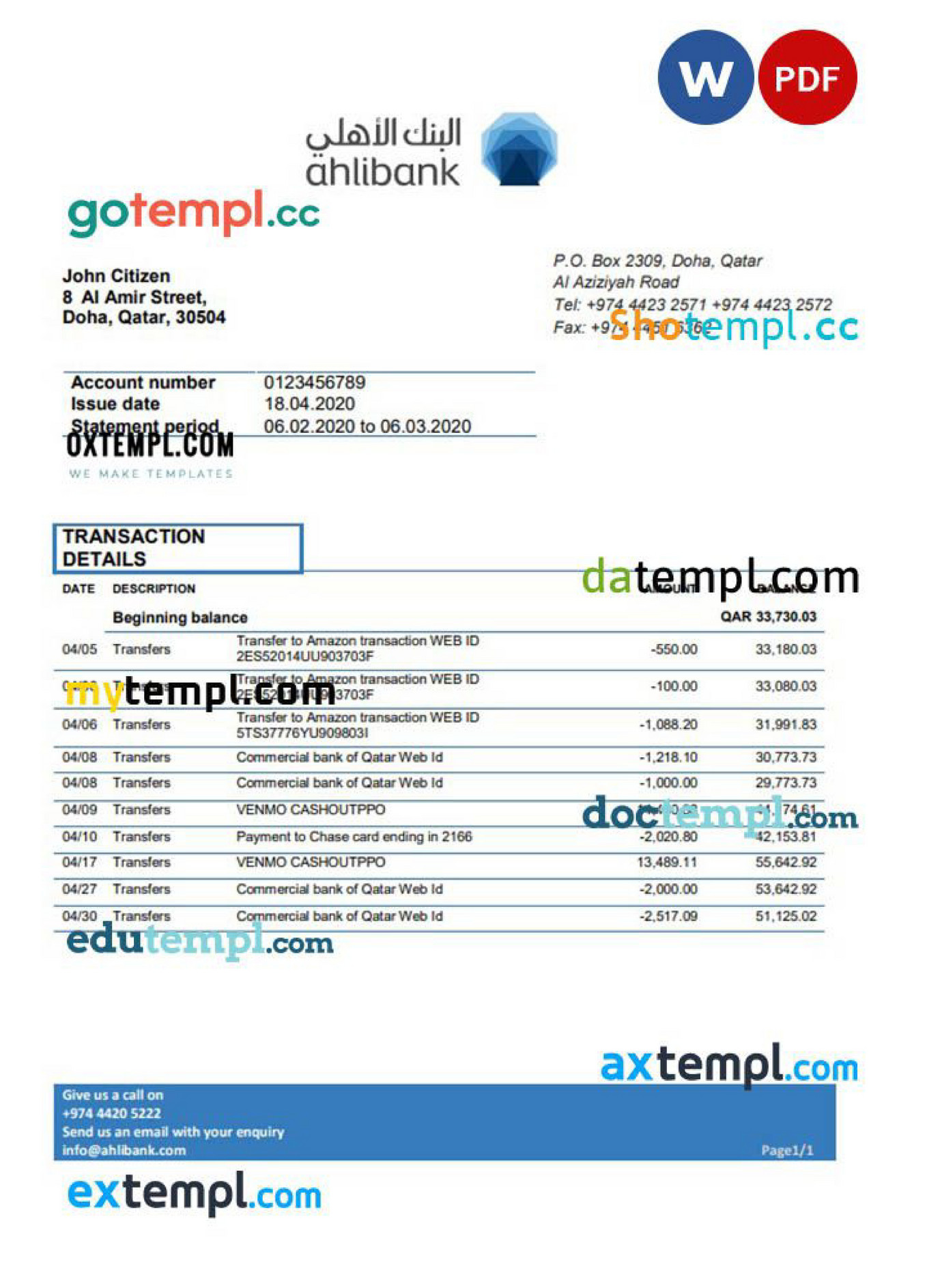 Doctempl - Qatar Ahlibank proof of address bank statement template in Word and PDF format, .doc ...