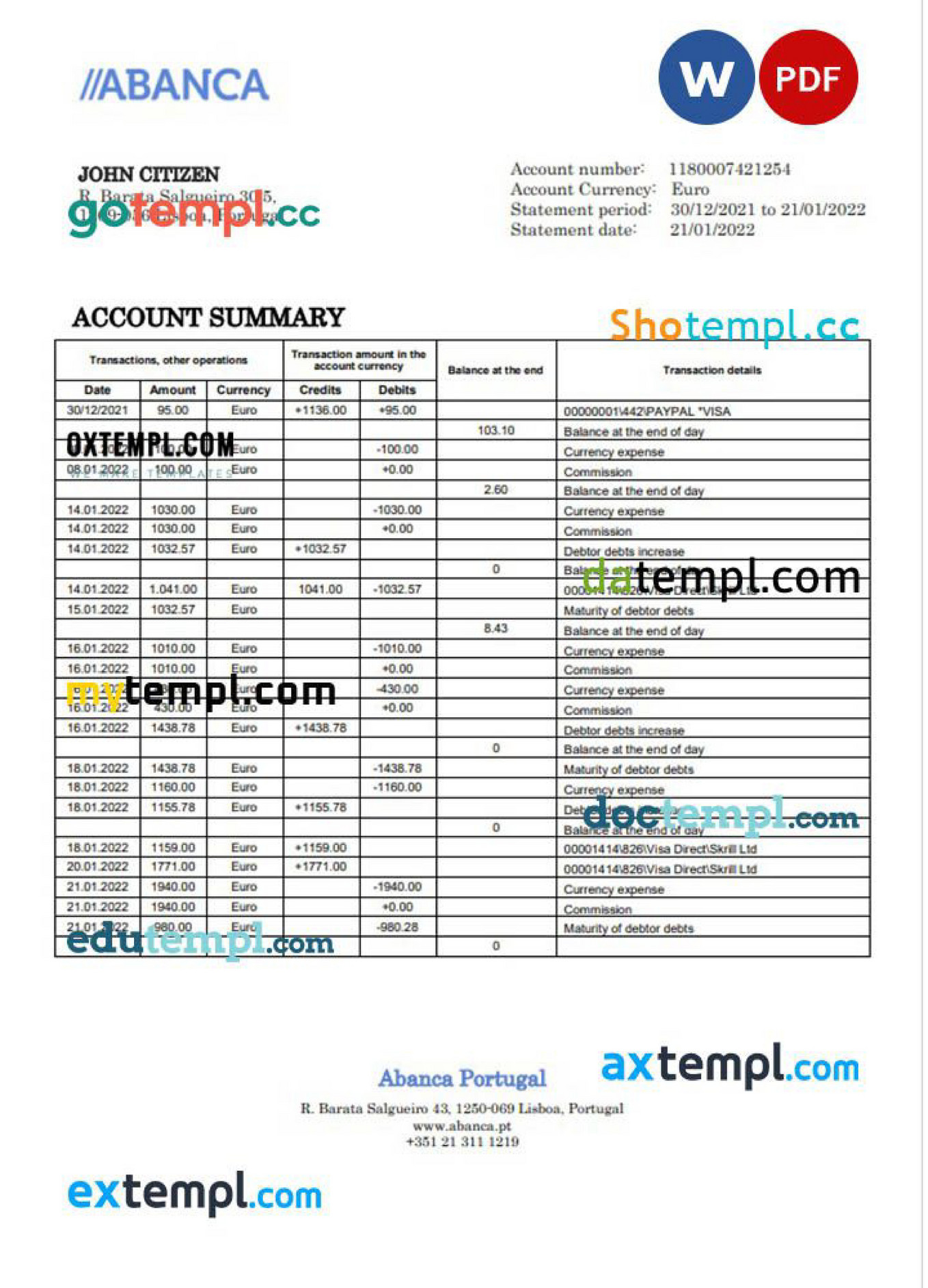Doctempl - Portugal Abanca bank statement in Word and PDF format - Page 1