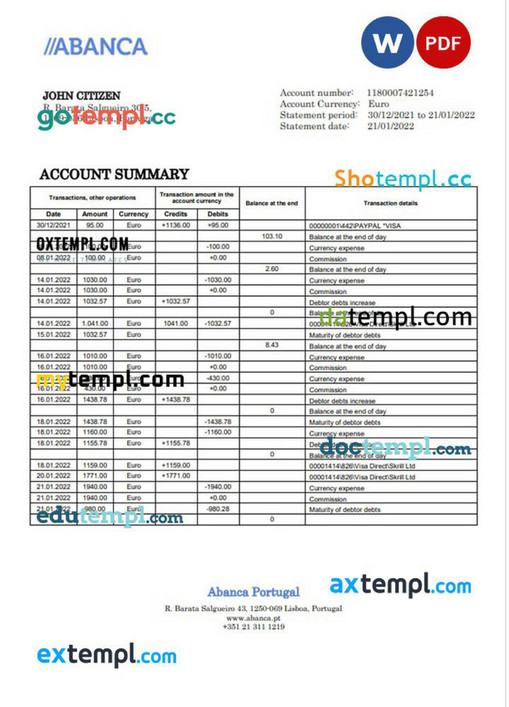 Doctempl - Portugal Abanca bank statement in Word and PDF format - Page 1