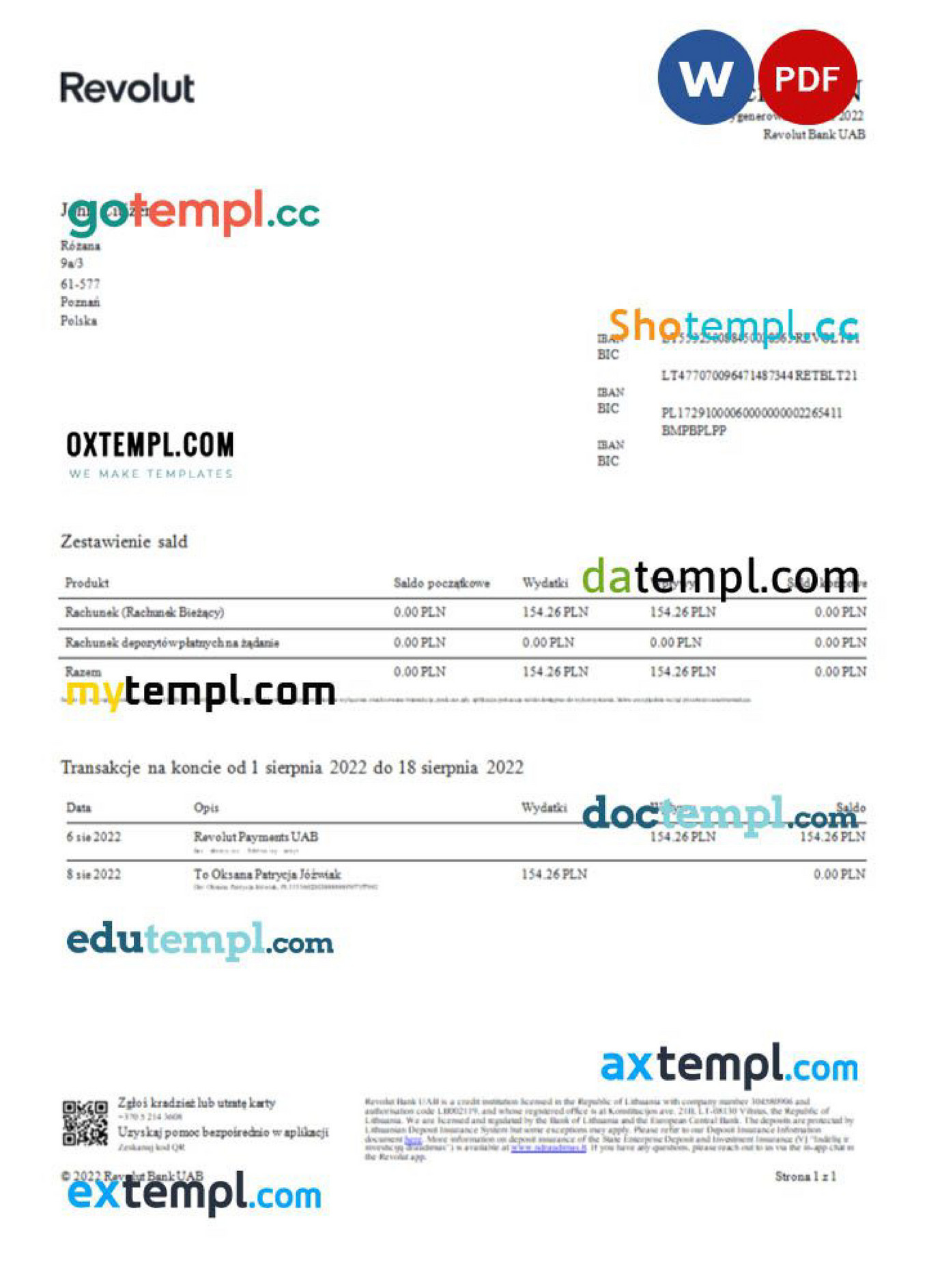 Doctempl - Poland Revolut bank statement Word and PDF template - Page 1