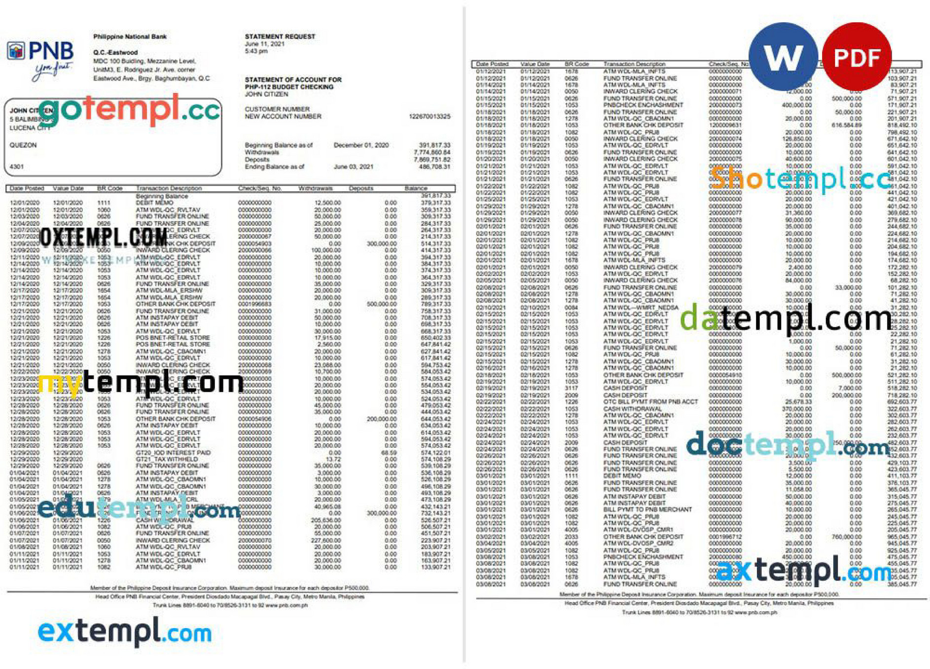 Doctempl - Philippines PNB bank statement template in Word and PDF ...