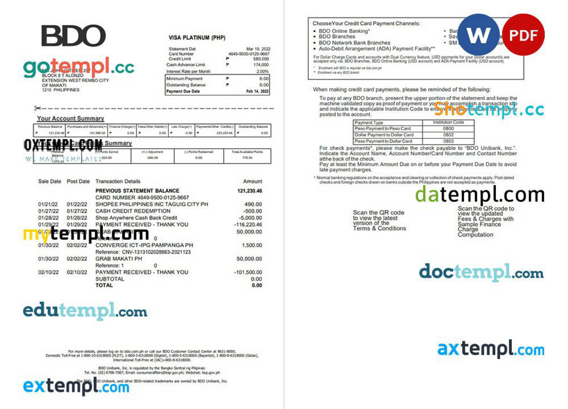 Doctempl - Philippines BDO bank credit card statement, Word and PDF template, 2 pages - Page 1