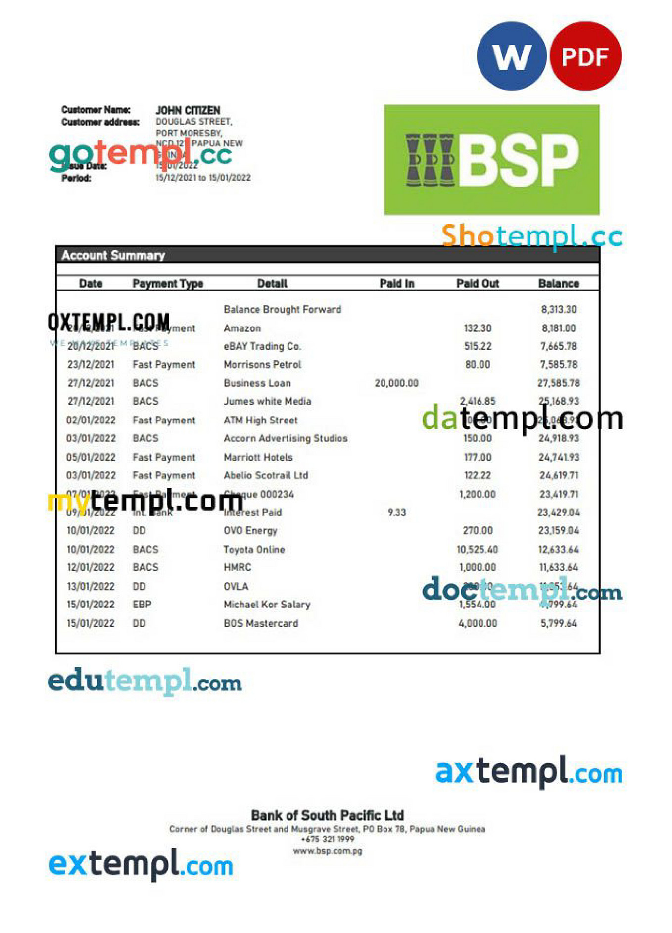 Doctempl - Papua New Guinea BSP bank statement template in Word and PDF ...