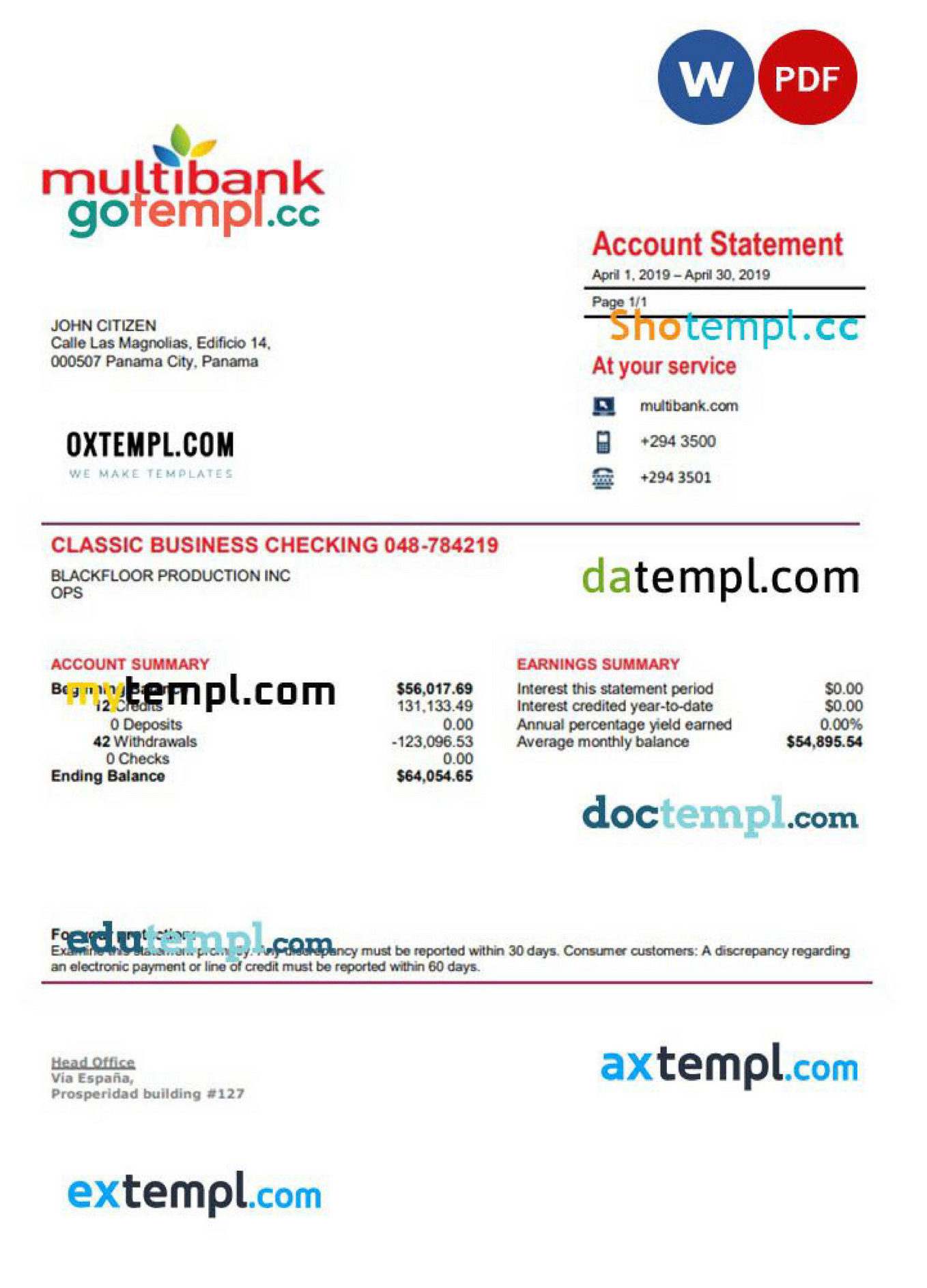Doctempl - Panama Multibank proof of address bank statement template in ...