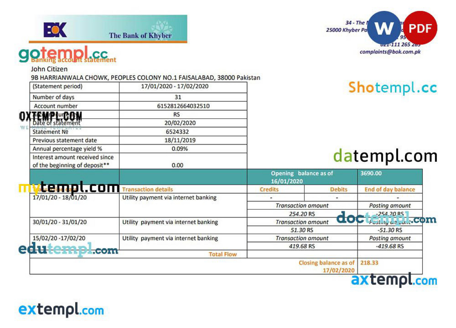 Doctempl - Pakistan The Bank of Khyber bank proof of address statement ...