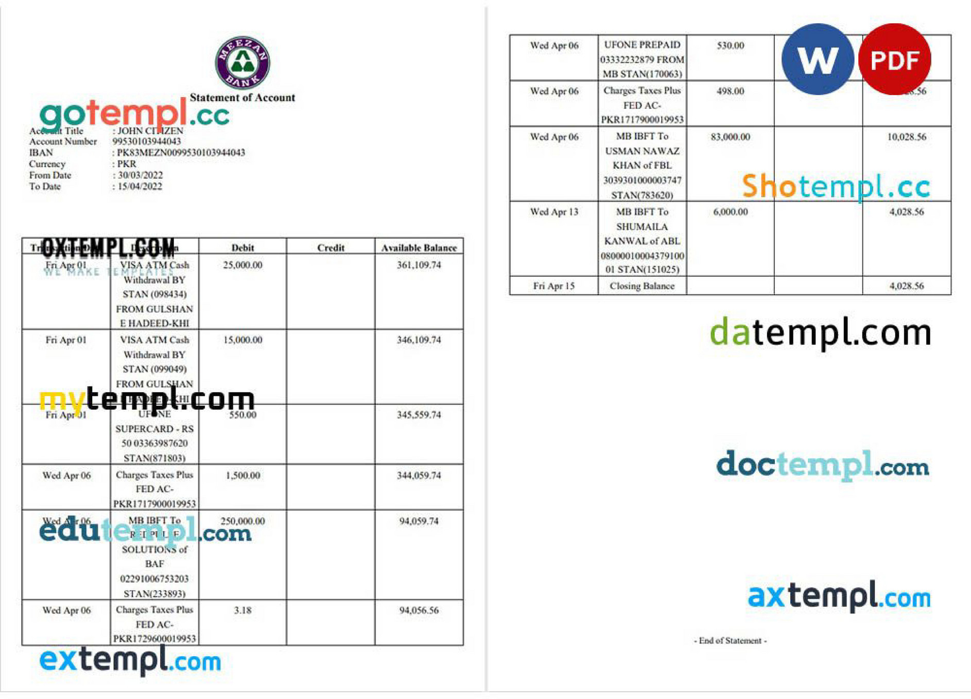 Doctempl - Pakistan Meezan bank statement Word and PDF template, 2 ...