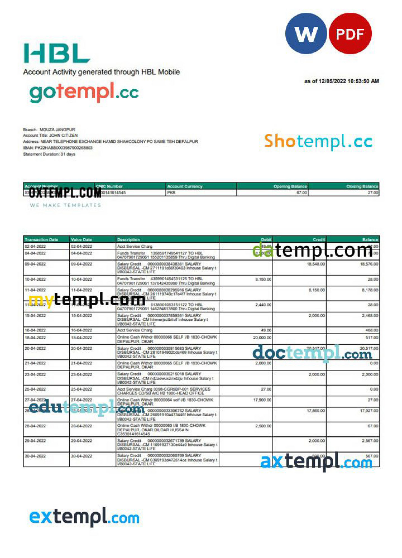 Doctempl - Pakistan HBL bank statement, Word and PDF template - Page 1