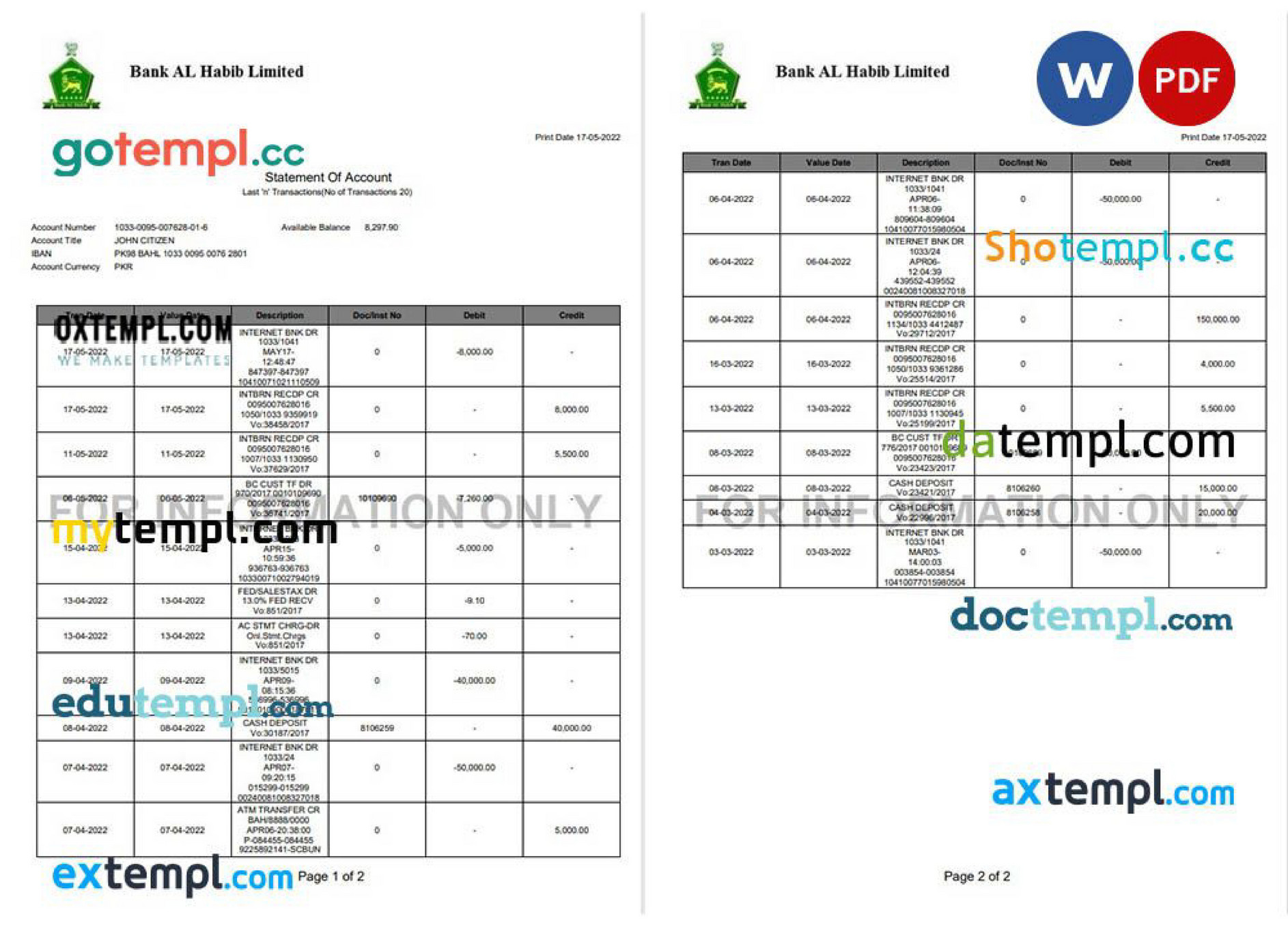 Doctempl - Pakistan Bank Al Habib bank statement, Word and PDF template ...