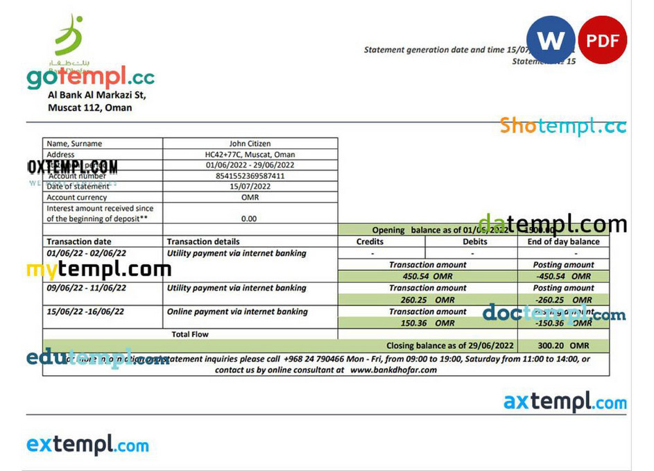 Doctempl - Oman Bank Dhofar bank statement template in Word and PDF format - Page 1