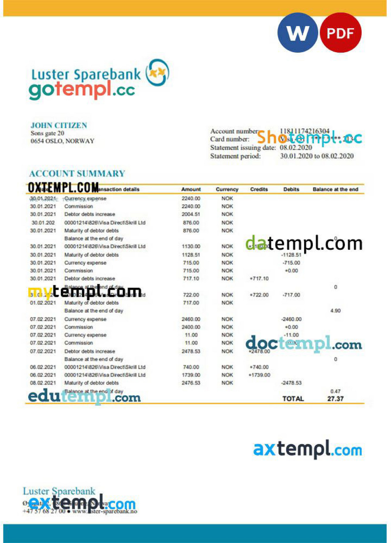 Doctempl - Norway Luster Sparebank bank statement easy to fill template in Word and PDF format ...