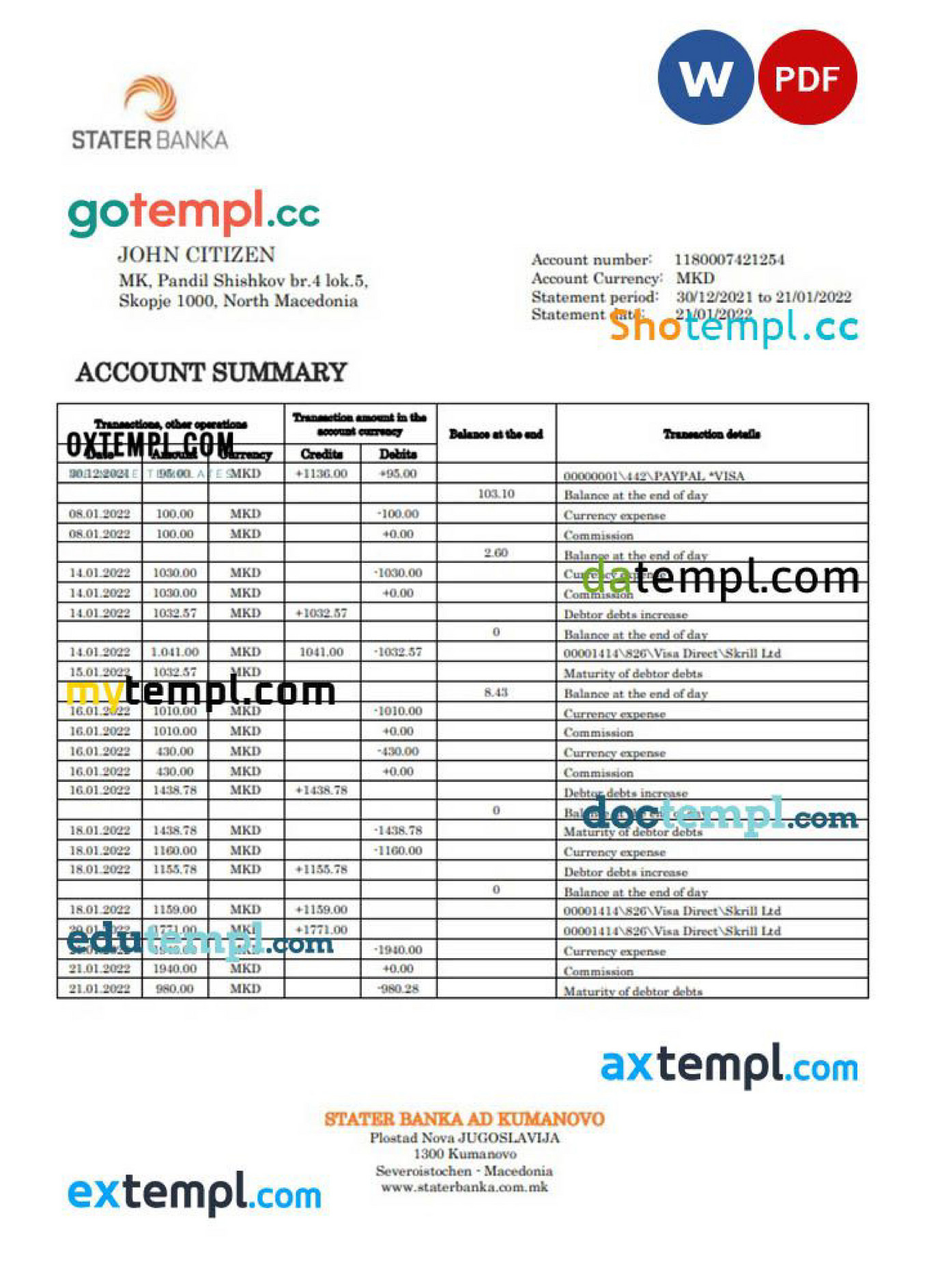 Doctempl - North Macedonia Stater Banka proof of address bank statement ...