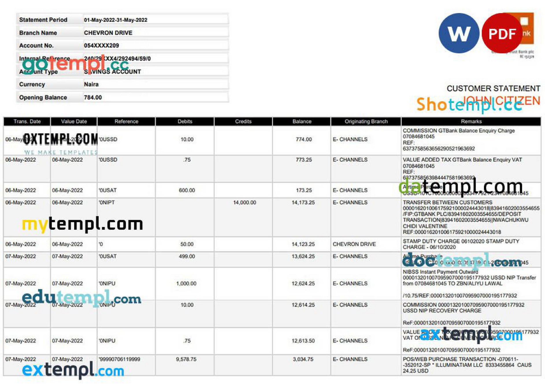 Doctempl - Nigeria GTBank statement, Word and PDF template, version 2 - Page 1