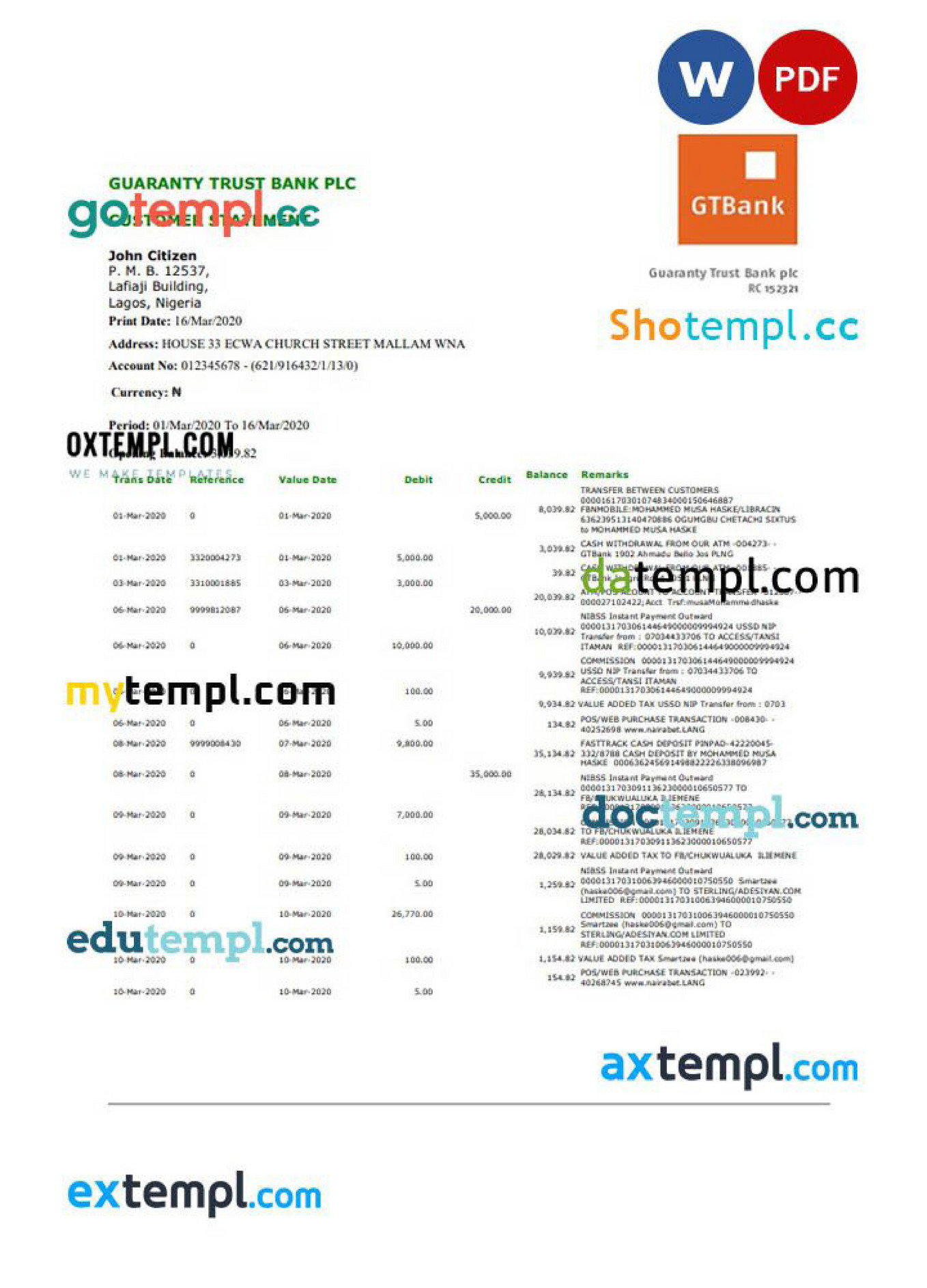 Doctempl - Nigeria GTBank proof of address bank statement template in ...