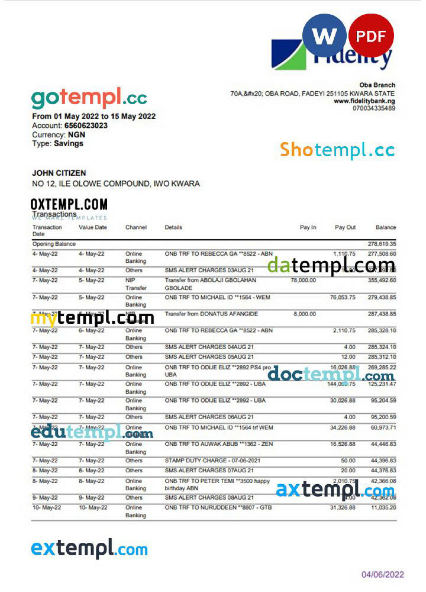 Doctempl - Nigeria Fidelity bank statement template Word and pdf - Page 1
