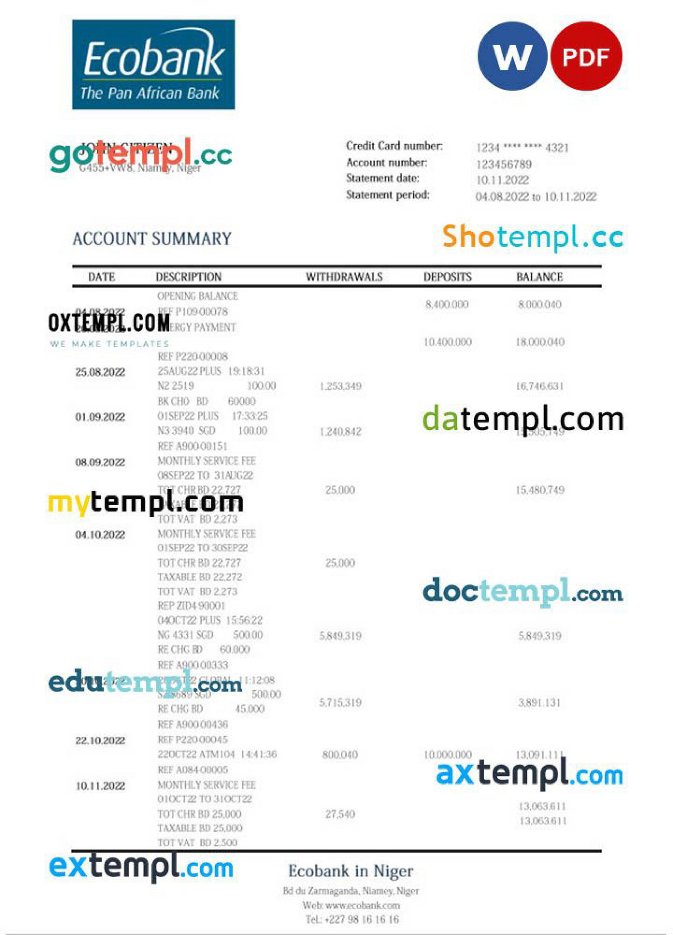 Doctempl - Niger Ecobank bank statement template Word and PDF - Page 1