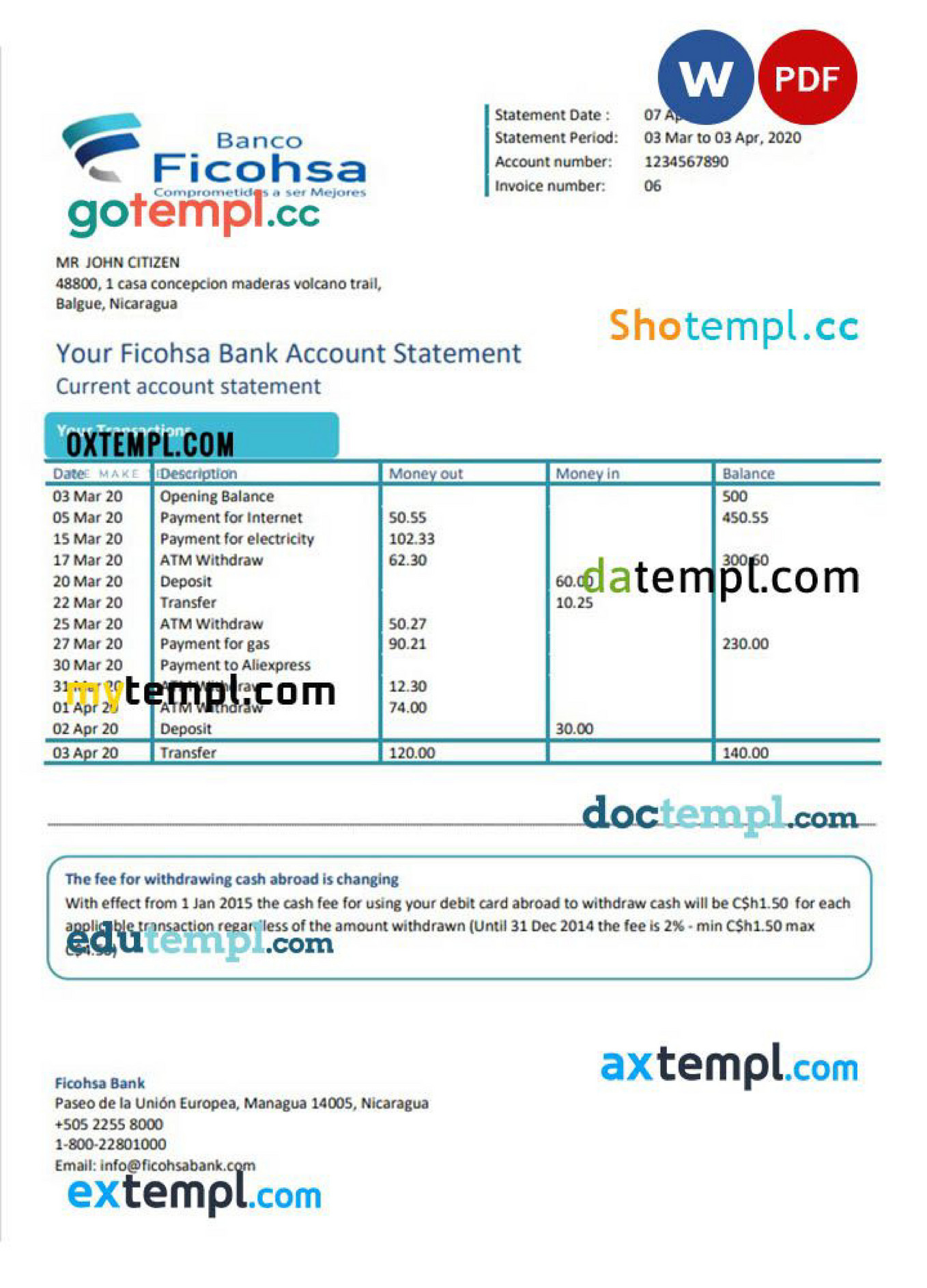 Doctempl - Nicaragua Banco Ficohsa bank statement template Word and pdf - Page 1