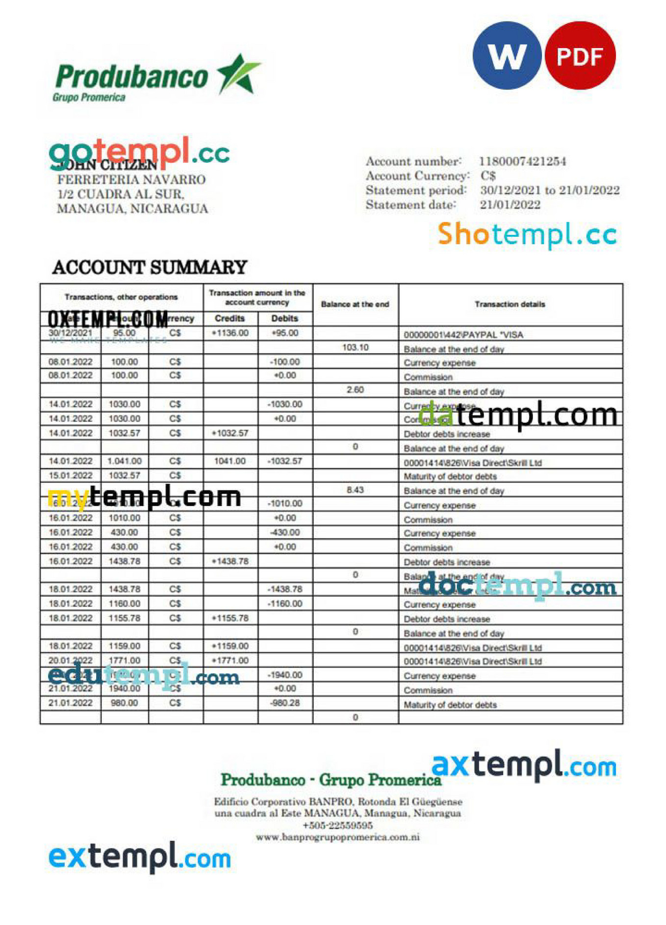Doctempl - Nicaragua Banco de la Producción bank statement template Word and pdf - Page 1