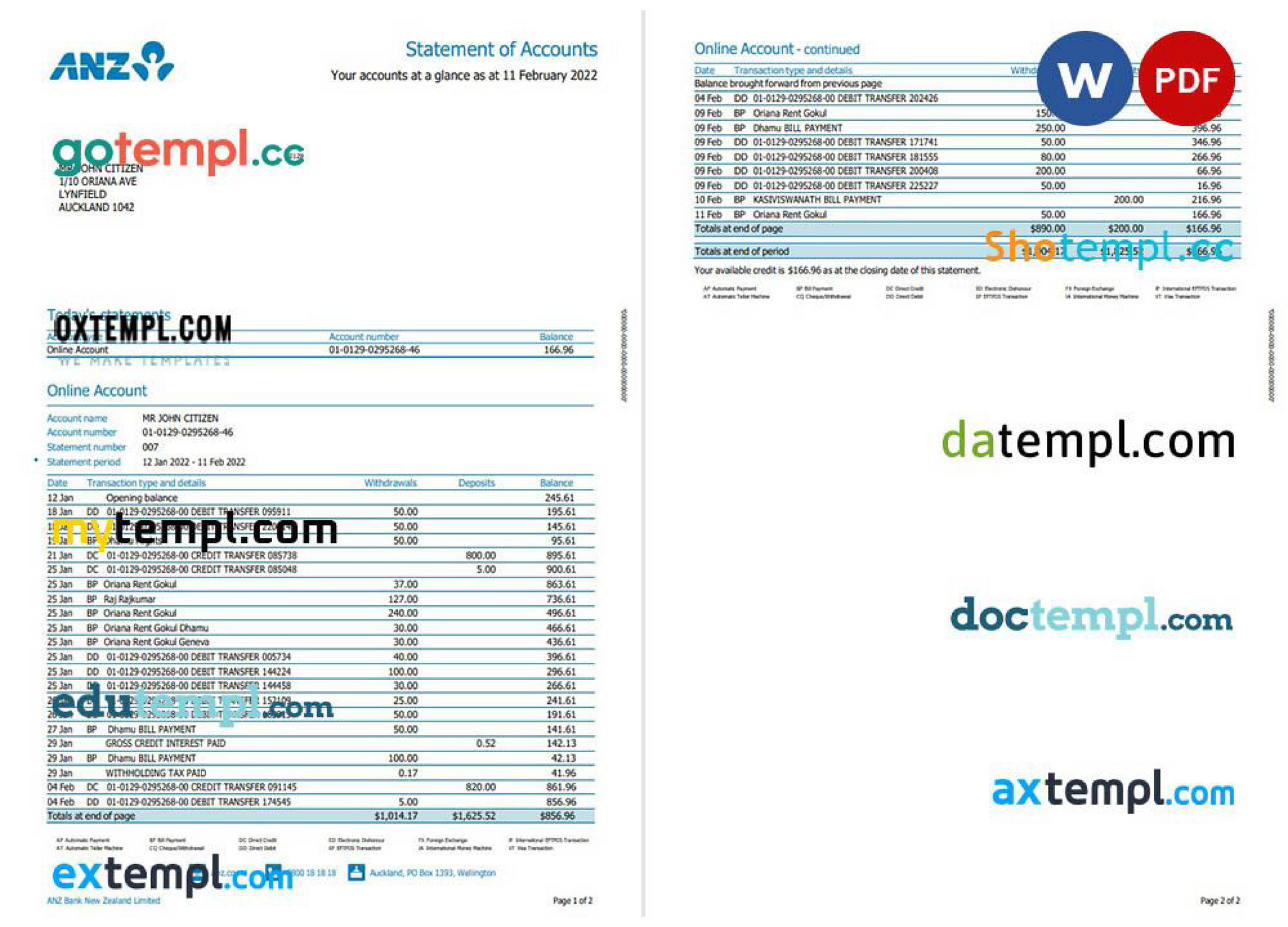 Doctempl - New Zealand ANZ bank statement version 2, 2 pages Word and ...