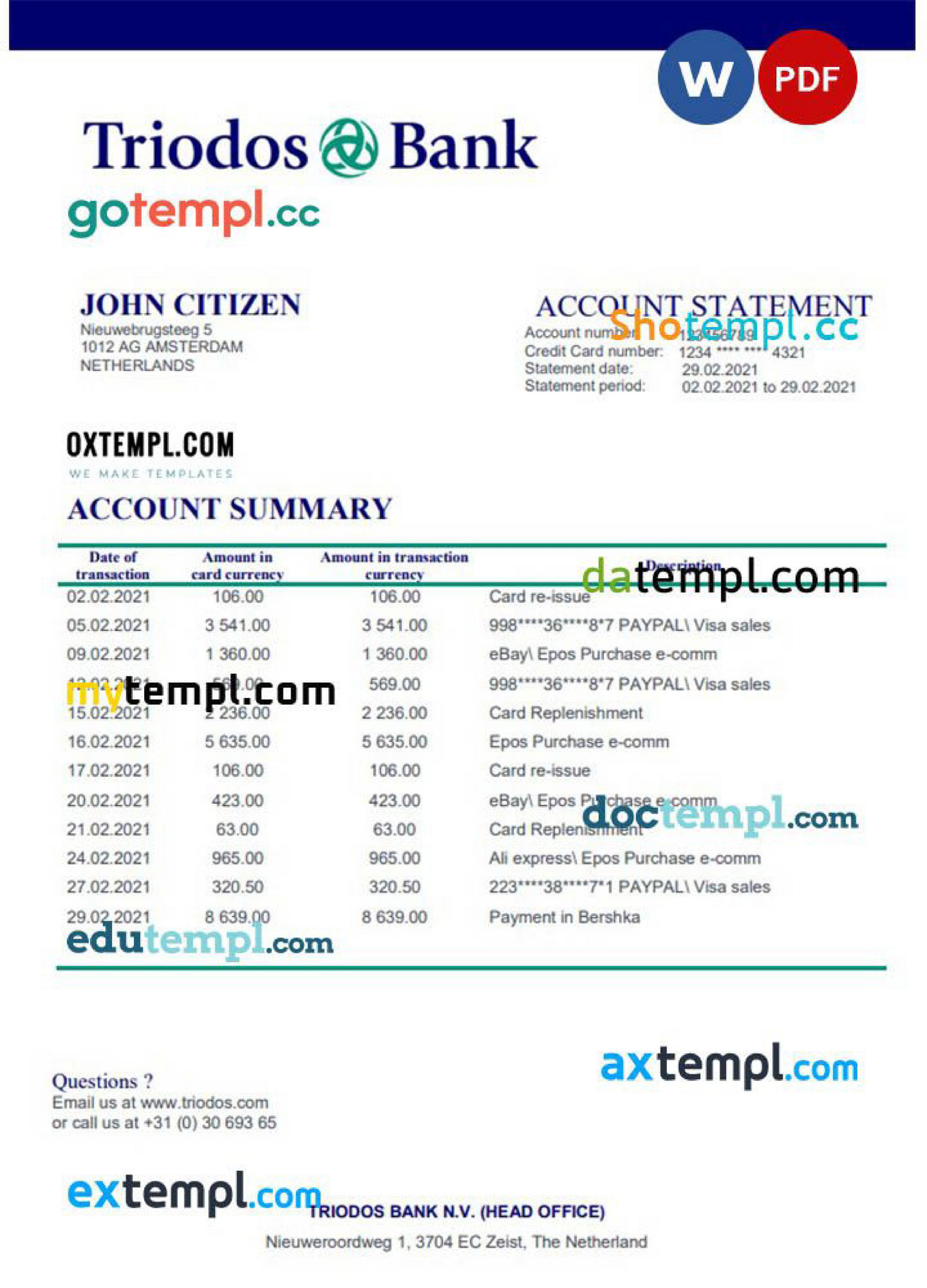 Doctempl - Netherlands Triodos Bank statement template Word and pdf - Page 1