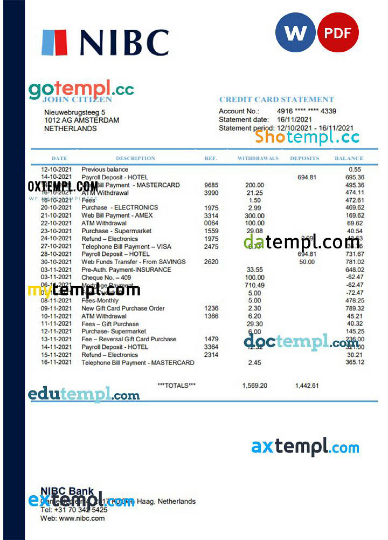 Doctempl - Netherlands NIBC Bank statement template Word and pdf - Page 1