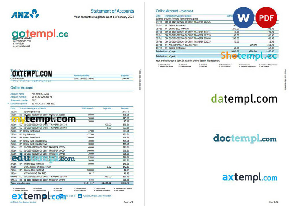 Doctempl - New Zealand ANZ bank statement template Word and pdf - Page 1
