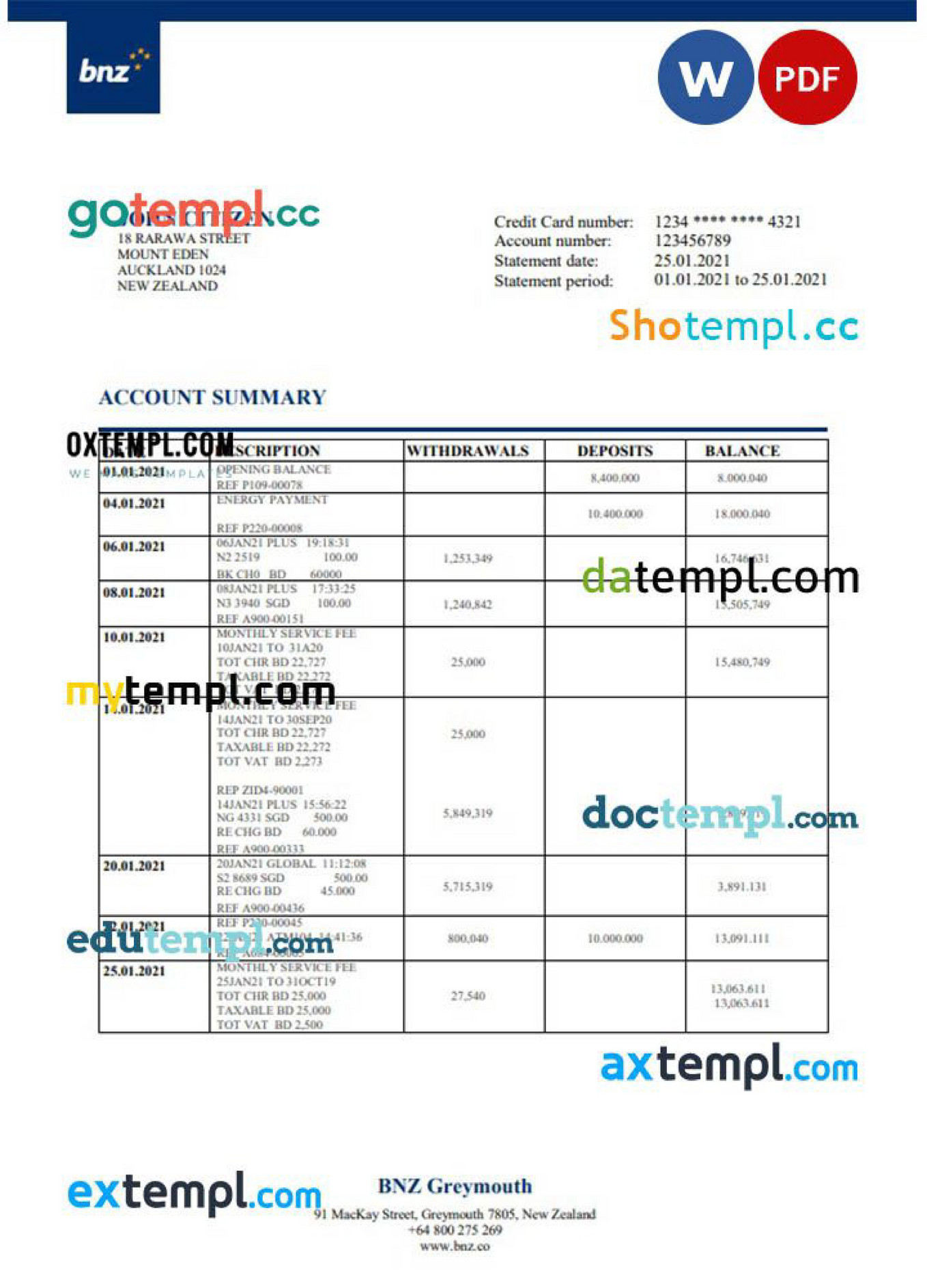 Doctempl - New Zealand BNZ Greymouth bank statement template Word and ...