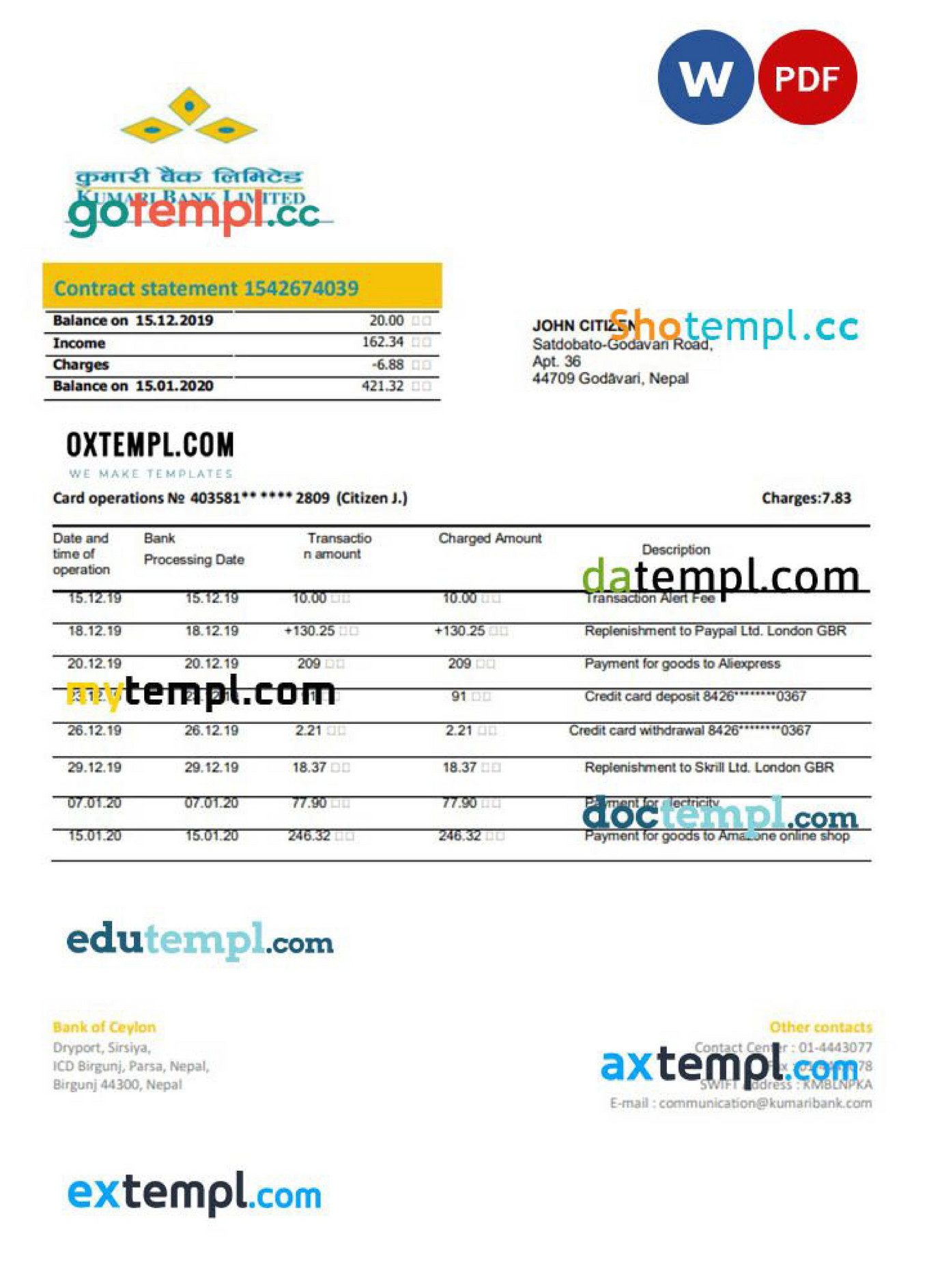 Doctempl - Nepal Kumari Bank statement template Word and Pdf - Page 1