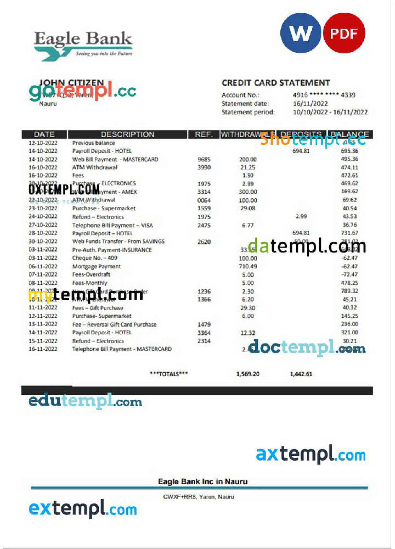 Doctempl - Nauru Eagle Bank statement template Word and pdf - Page 1