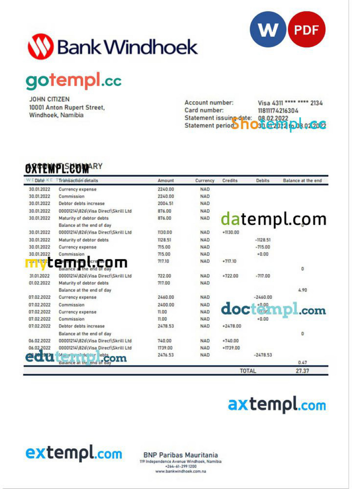 Doctempl - Namibia Bank Windhoek bank statement template Word and pdf - Page 1