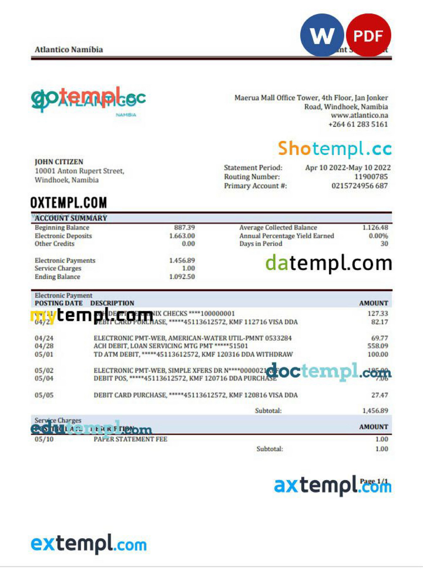 Doctempl - Namibia Atlantico bank statement template Word and pdf - Page 1