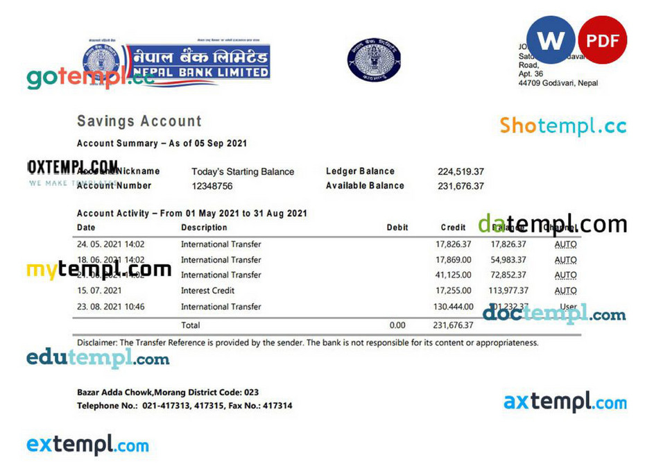 Doctempl - Nepal Bank Nepal statement template Word Pdf - Page 1