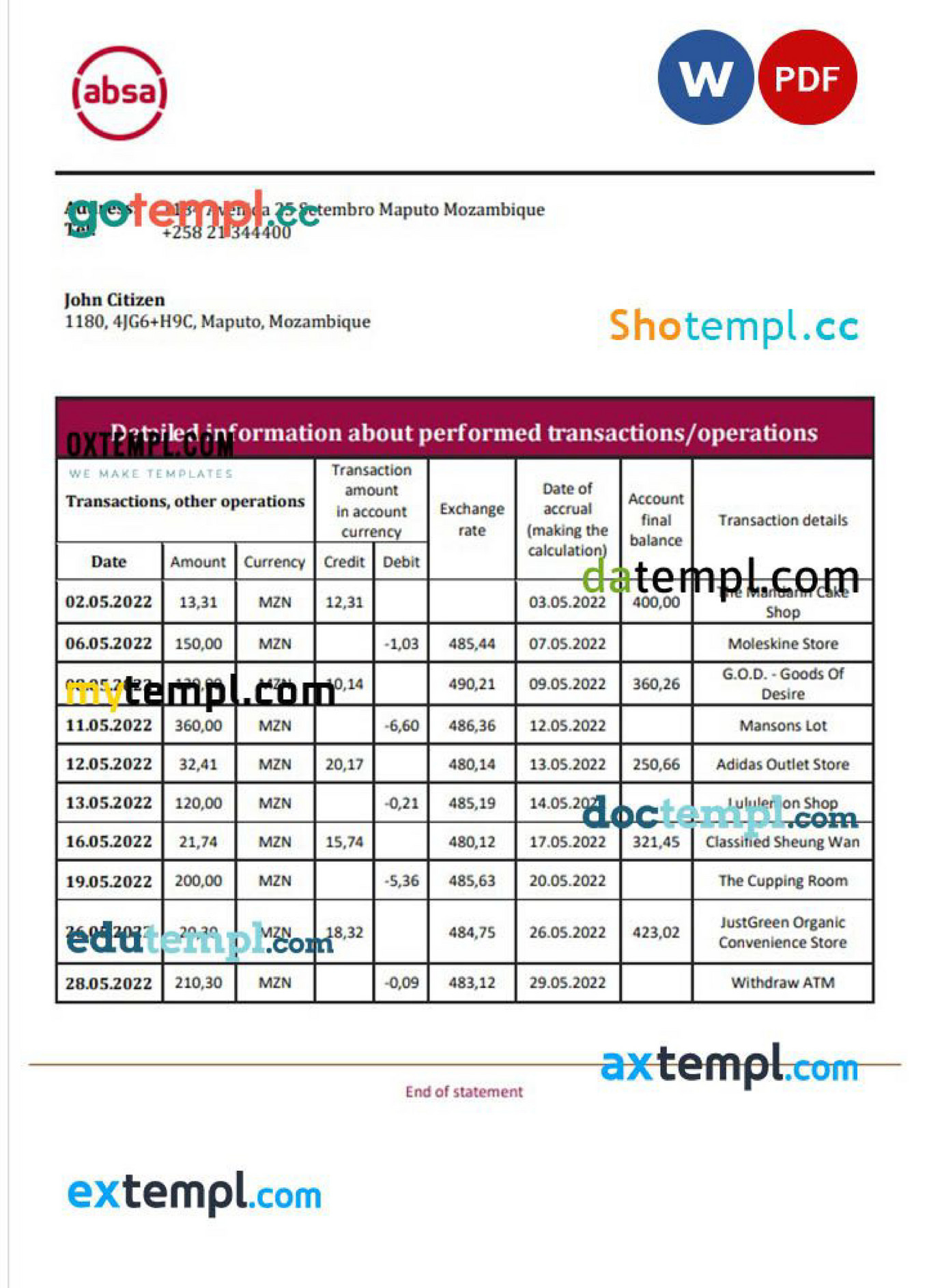 Doctempl - Mozambique ABSA bank statement template Word and PDF - Page 1