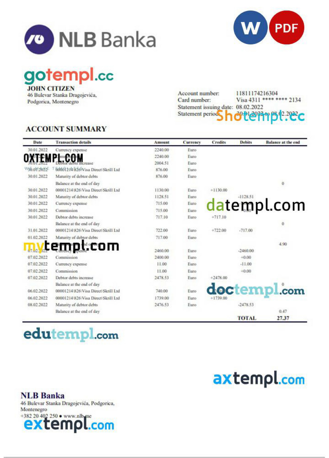 Doctempl - Montenegro NLB Bank statement template Word and PDF - Page 1