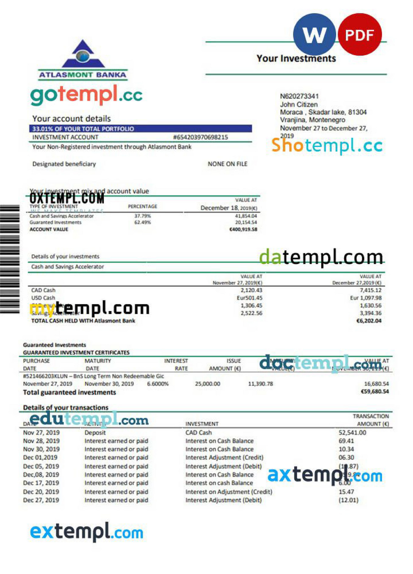 Doctempl - Montenegro Atlasmont Bank statement template Word and PDF - Page 1