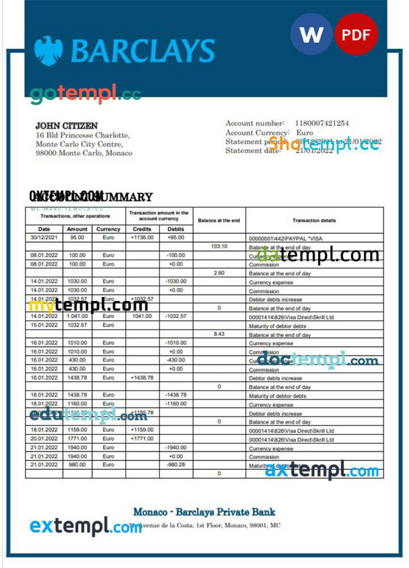 Doctempl - Monaco Barclays Private Bank statement template Word and PDF - Page 1