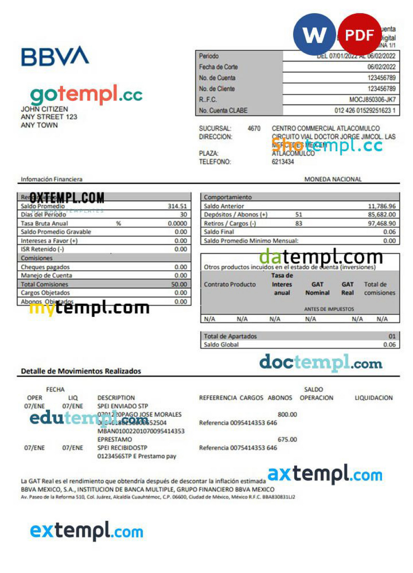 Doctempl - Mexico BBVA bank statement template in Word and PDF format ...