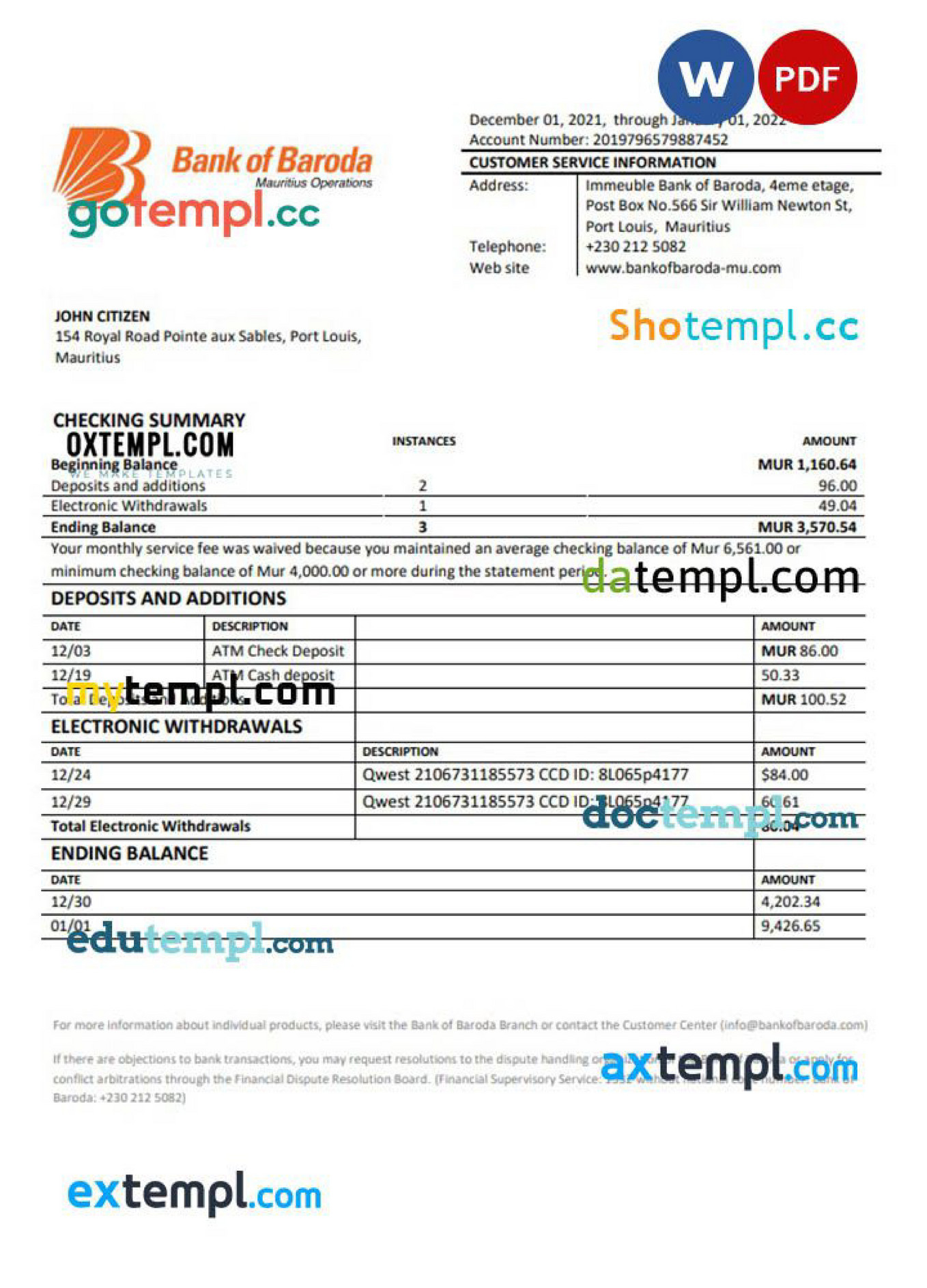 Doctempl - Mauritius Bank of Boroda bank statement template Word and ...