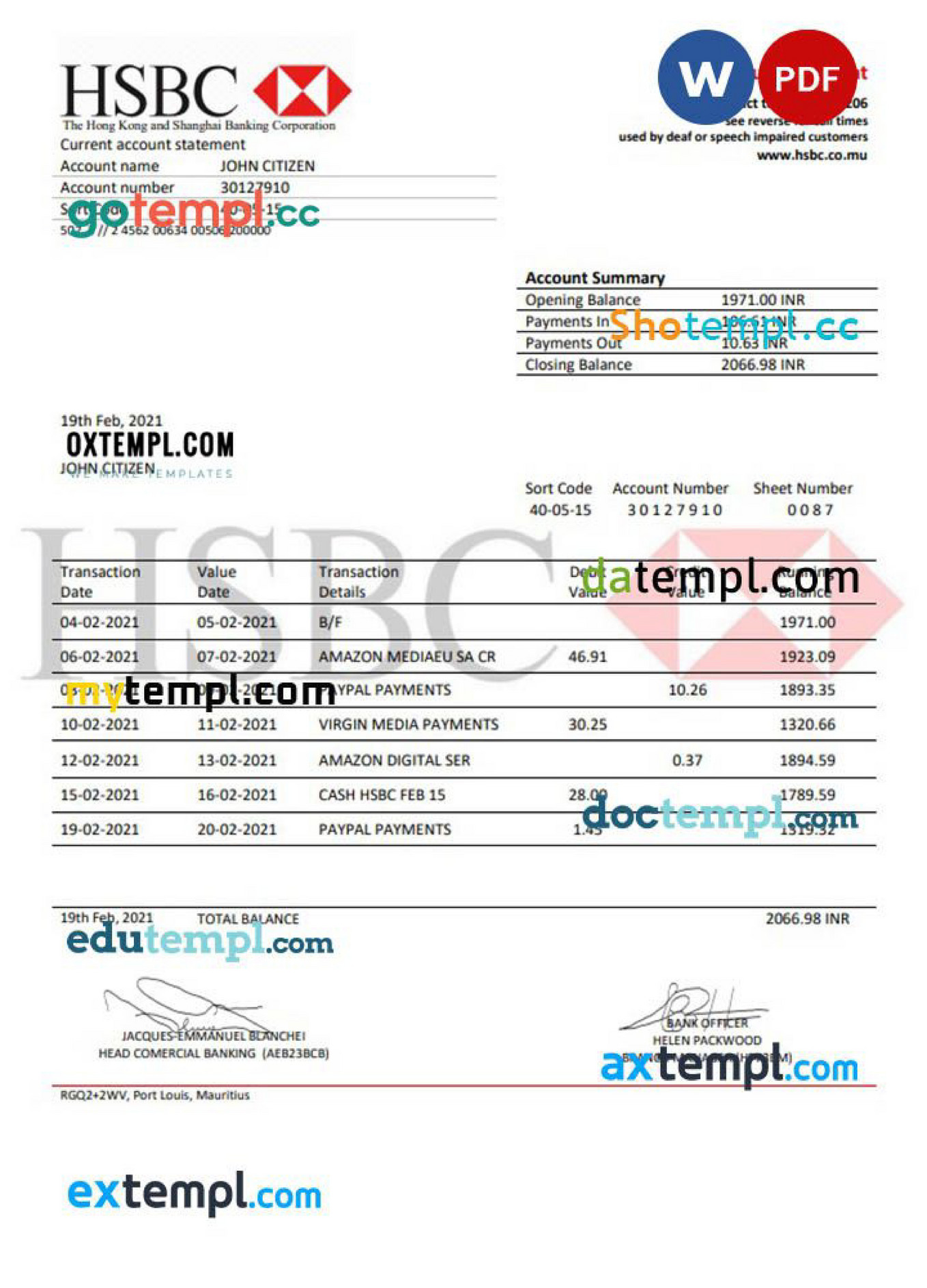 Doctempl - Mauritius HSBC bank statement template Word and PDF - Page 1