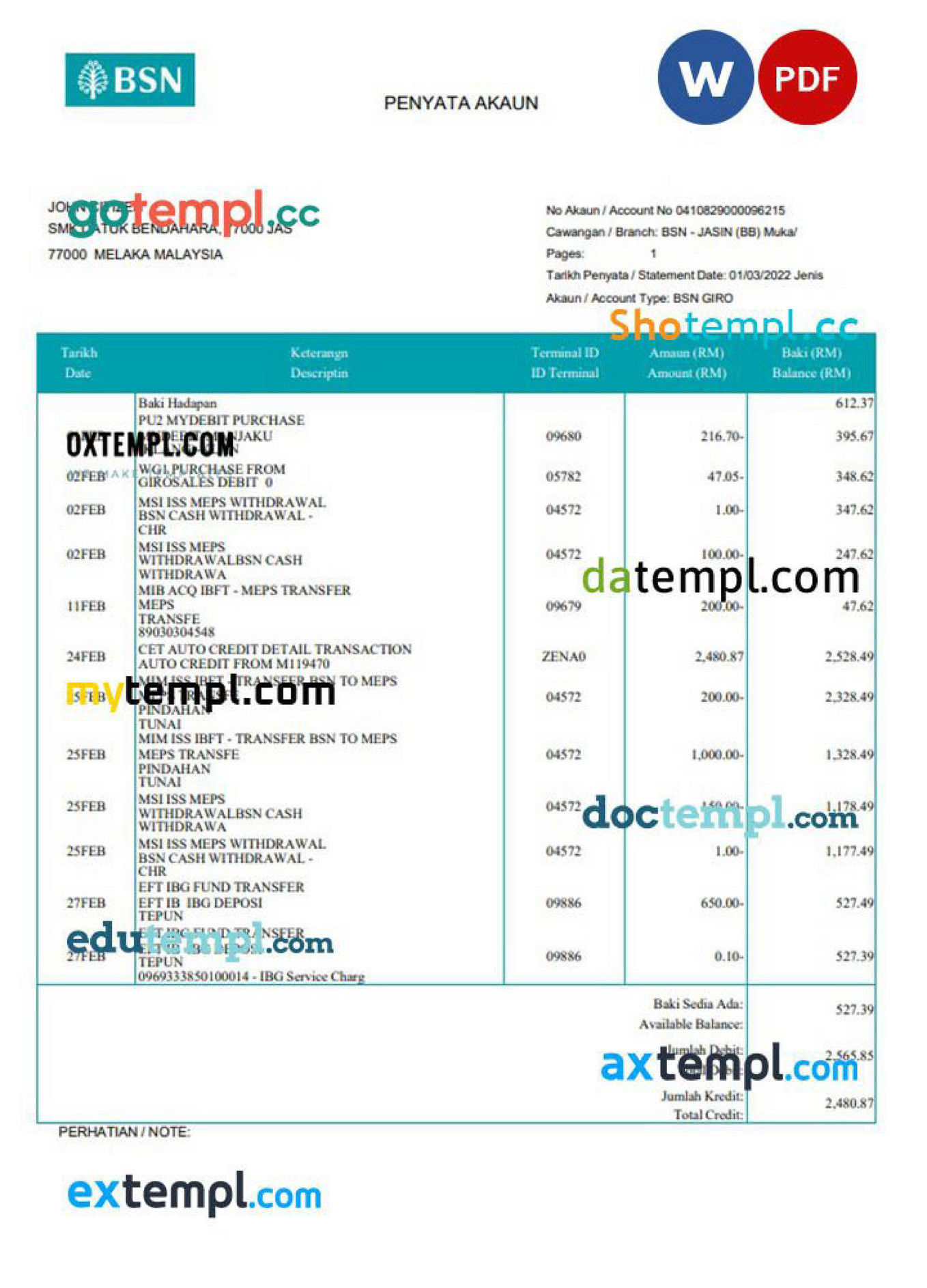 Doctempl - Malaysia BSN bank statement Word and PDF tmplate - Page 1