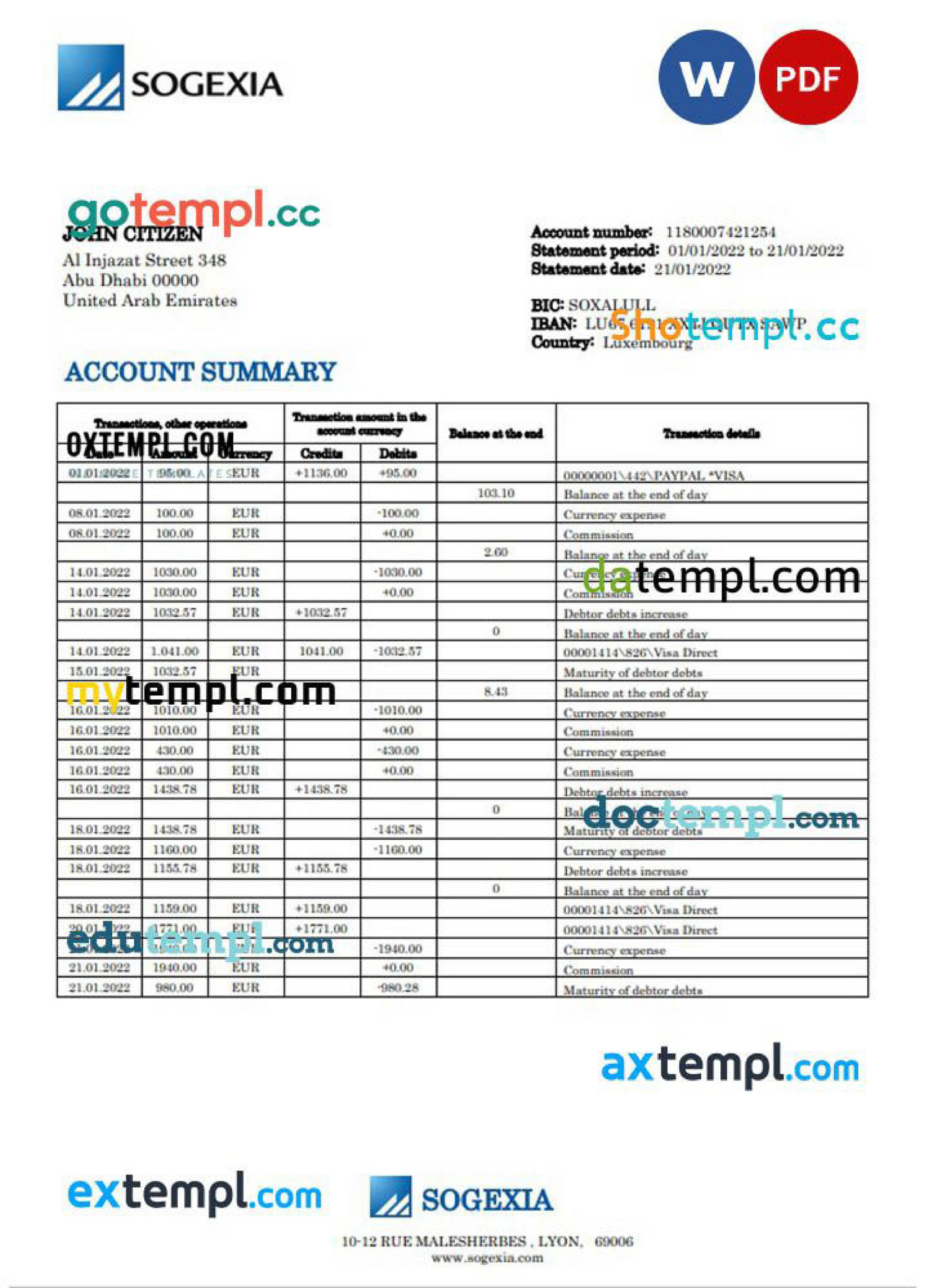 Doctempl - Luxembourg Sogexia Bank bank statement template Word and PDF - Page 1