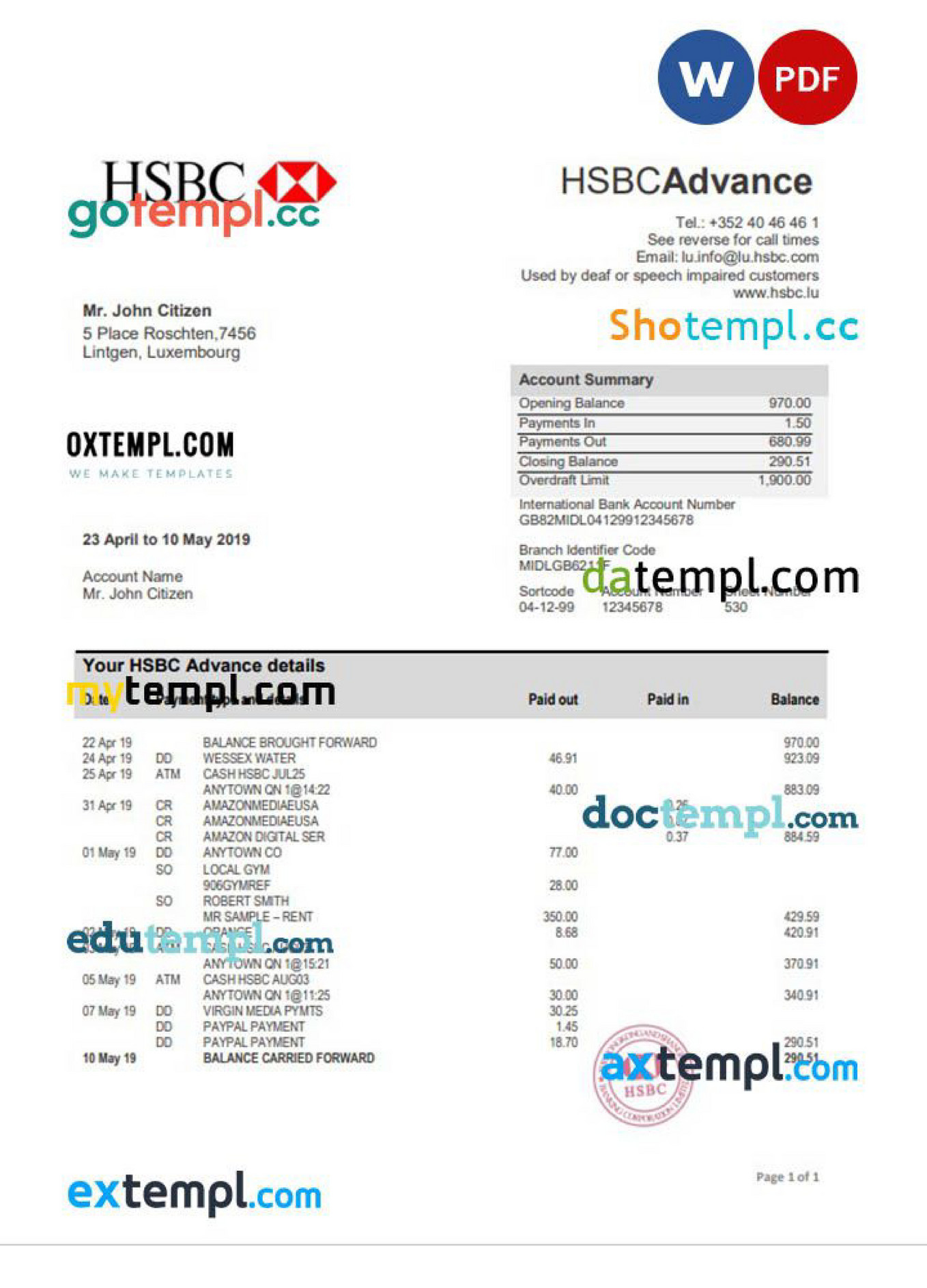 Doctempl - Luxembourg HSBC bank statement template Word and PDF - Page 1